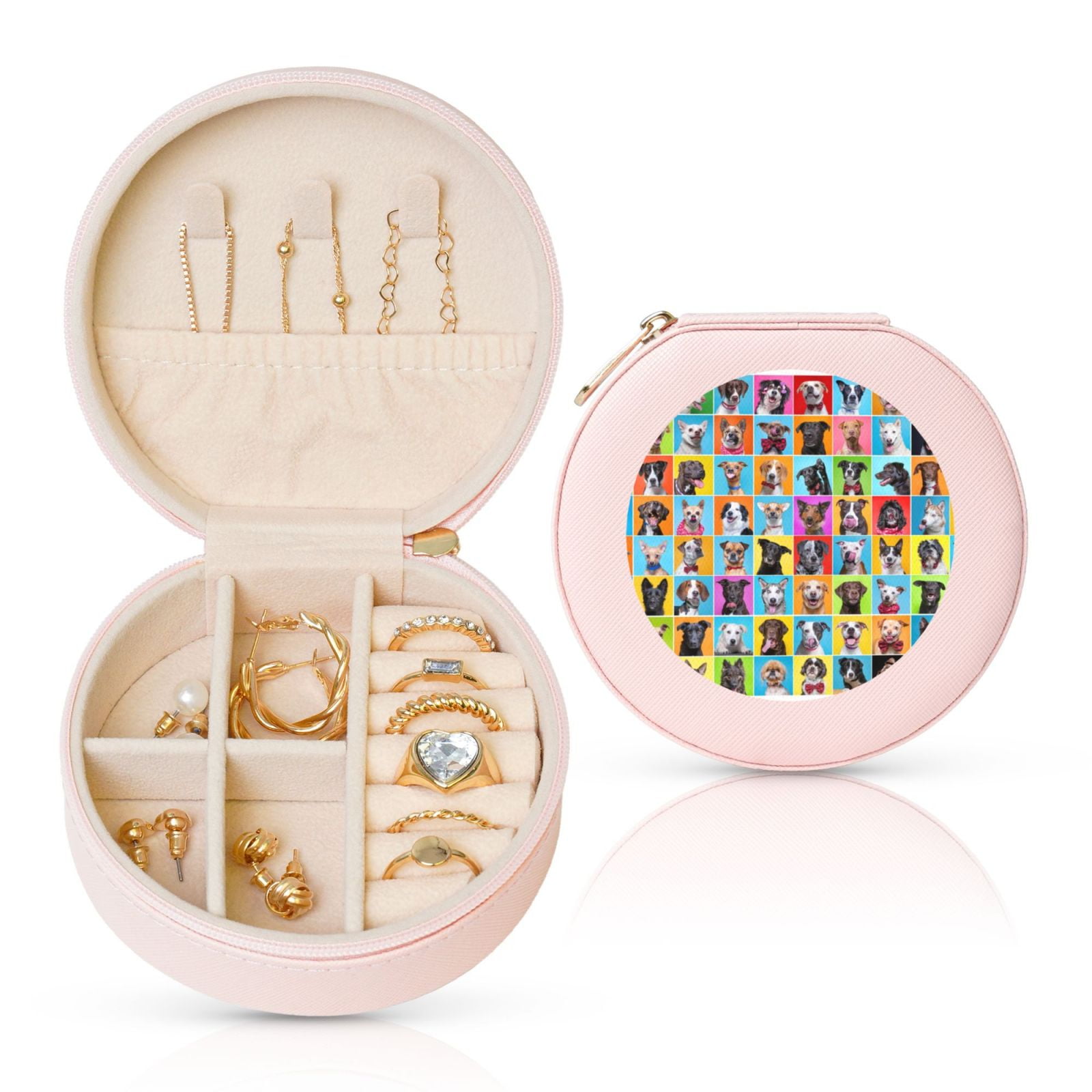 Fuzoiu Cute Dogs Collage Print Portable Jewelry Box,Round Mini Leather ...