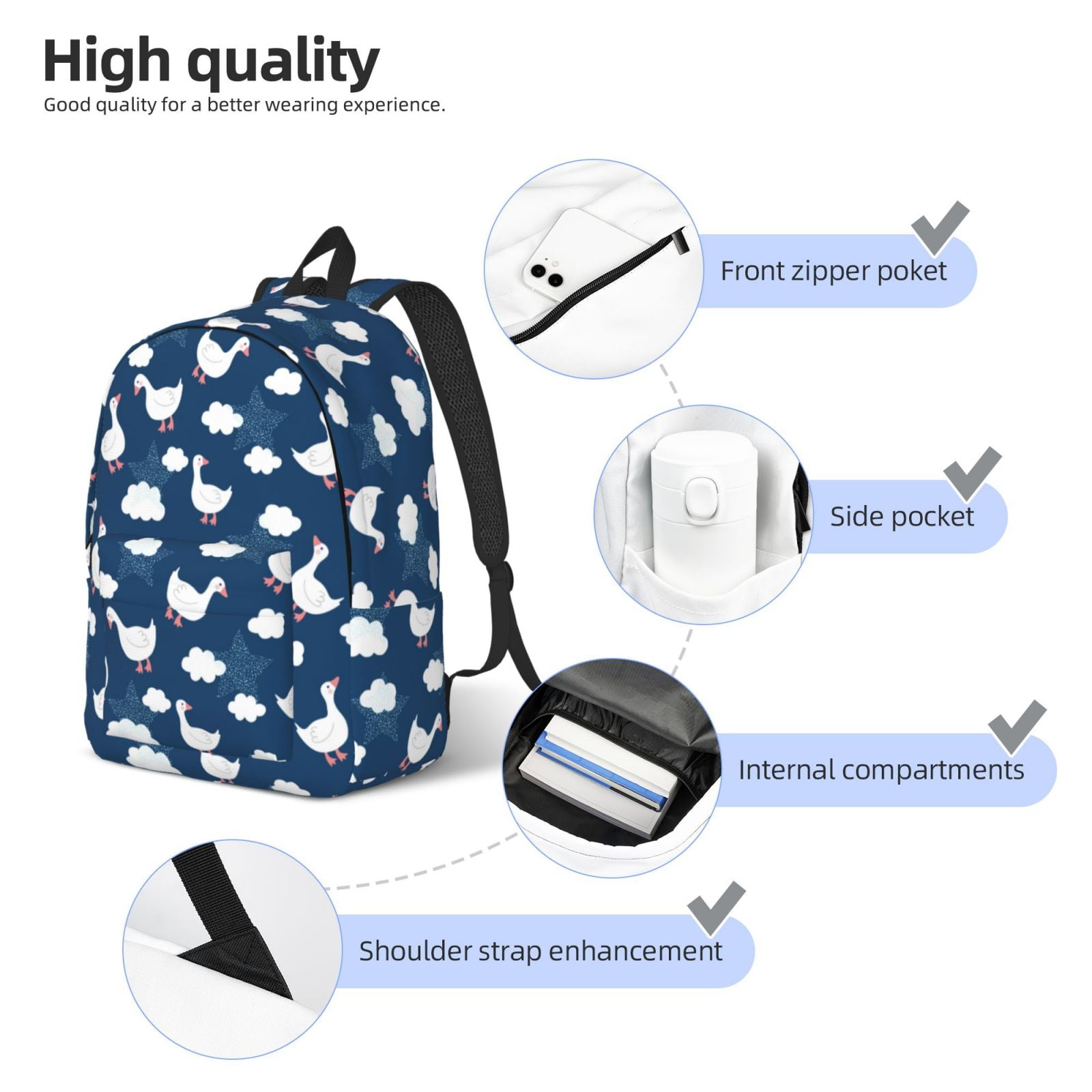 Fuzoiu Cute Goose On Blue Sky Print Canvas Backpack,Lightweight Travel ...
