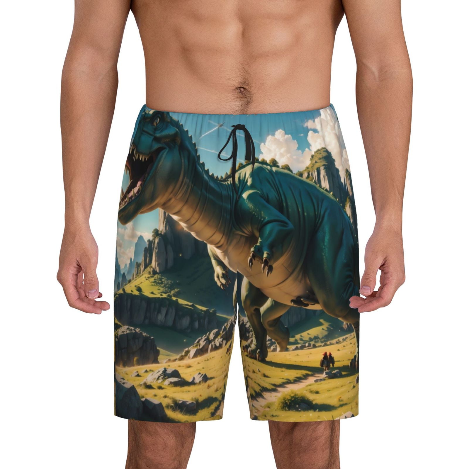 Fuzoiu Cute Green Dinosaur Blue Sky Print Pajama Shorts for Men, Men's Pajama Bottoms,Mens ...