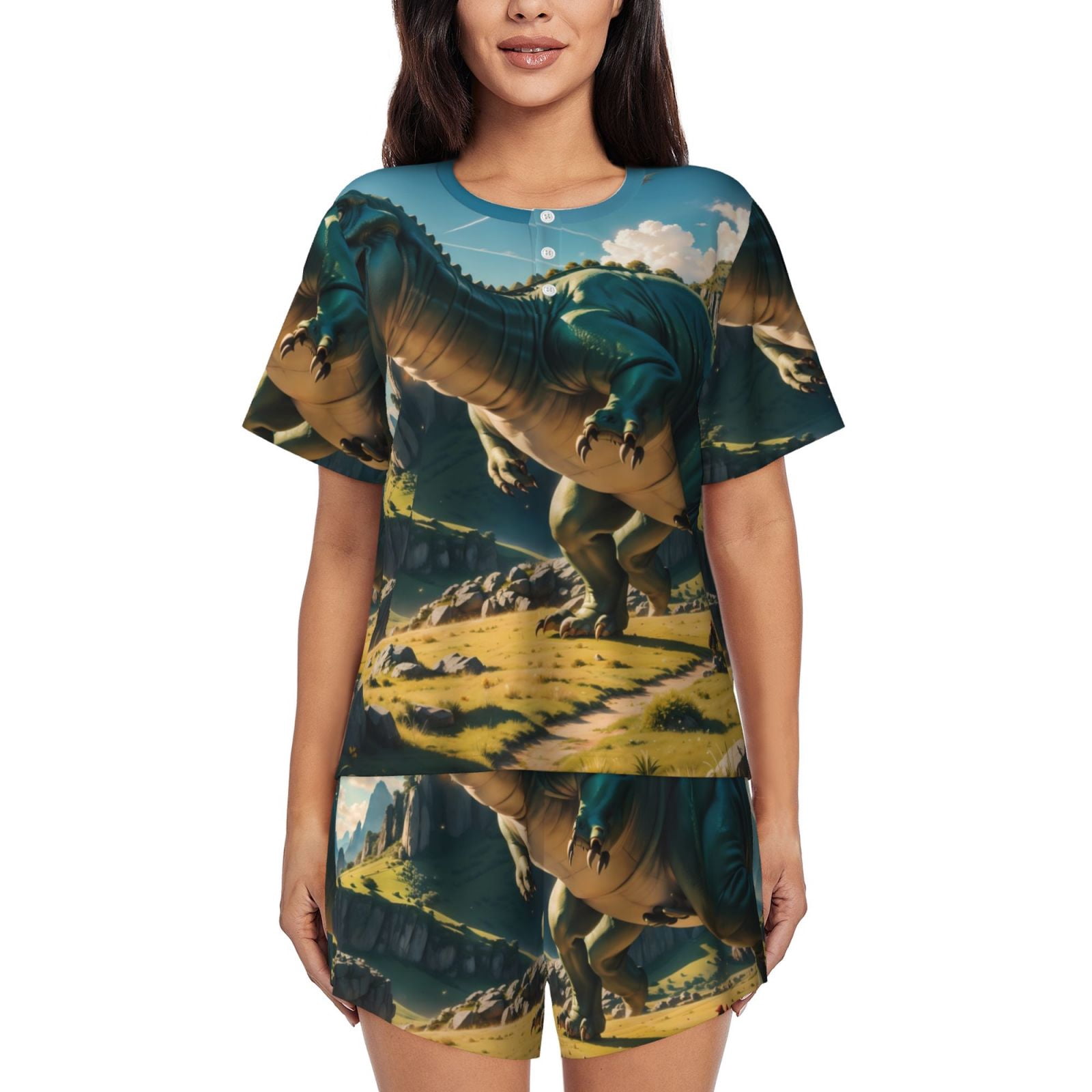 Fuzoiu Cute Green Dinosaur Blue Sky Print Women's Short-Sleeved Pajama ...
