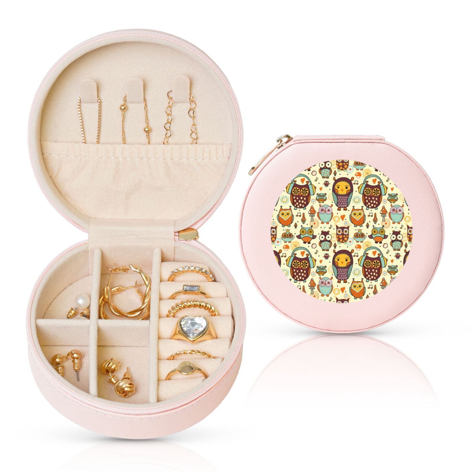 Fuzoiu Cute Owls Print Portable Jewelry Box,Round Mini Leather Travel ...