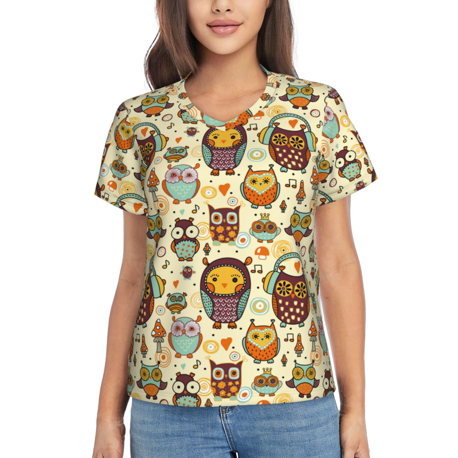 Fuzoiu Cute Owls Print Women's Classic V-Neck T-Shirt, Short Sleeve V ...