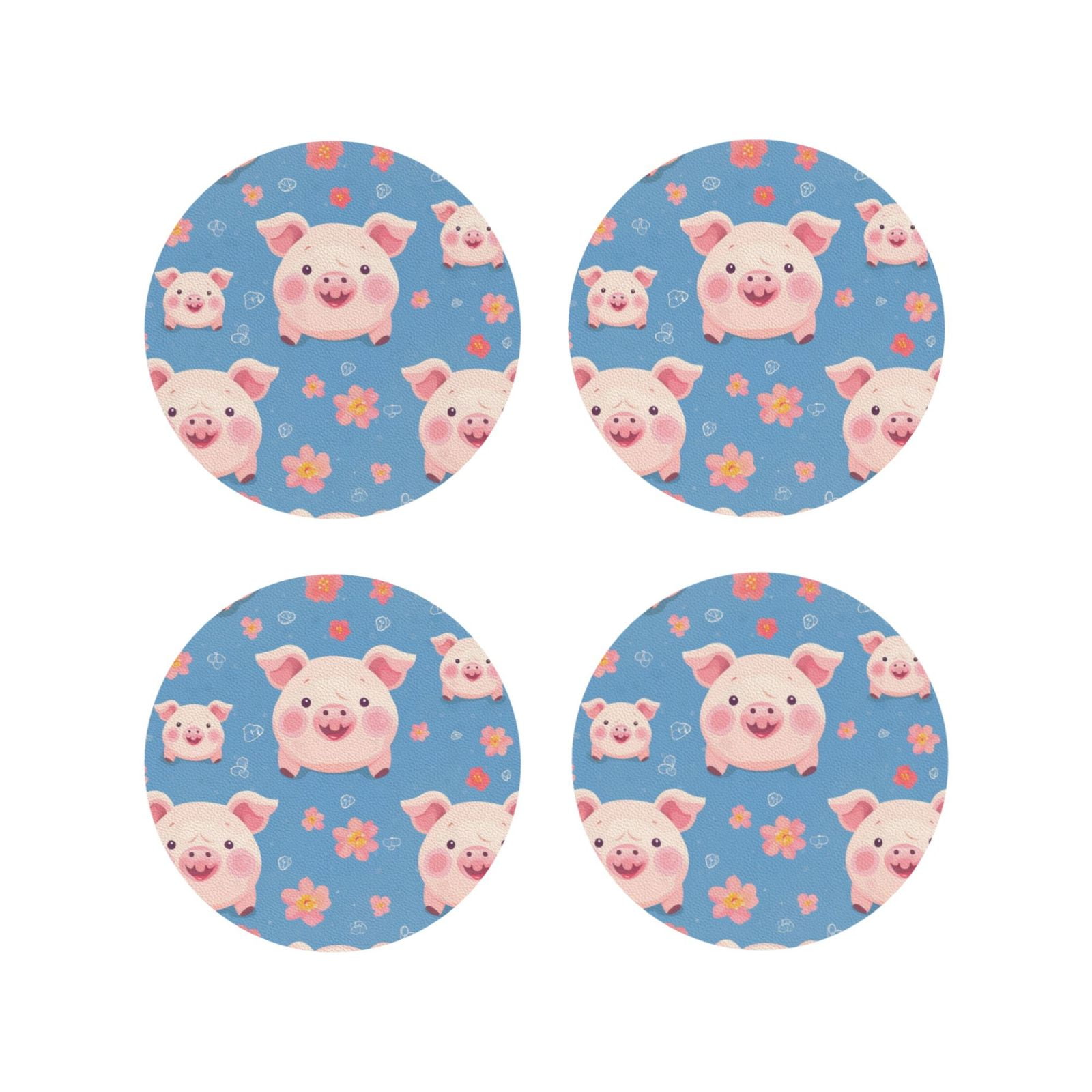Fuzoiu Cute Pig Flowers Print Leather Coasters Set,Drink Coasters Set ...
