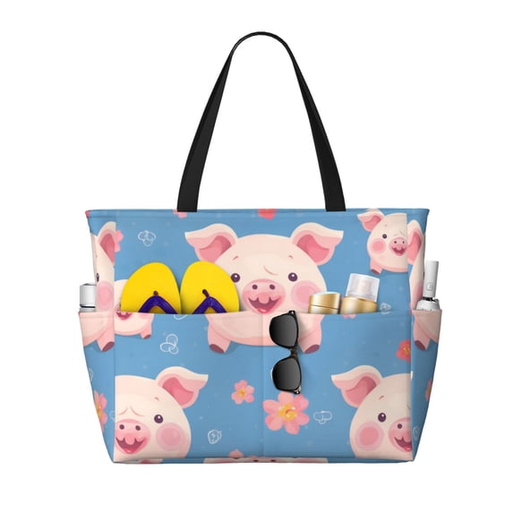 Fuzoiu Cute Pig Flowers Print Waterproof Beach Tote Bag for Women Girls ...