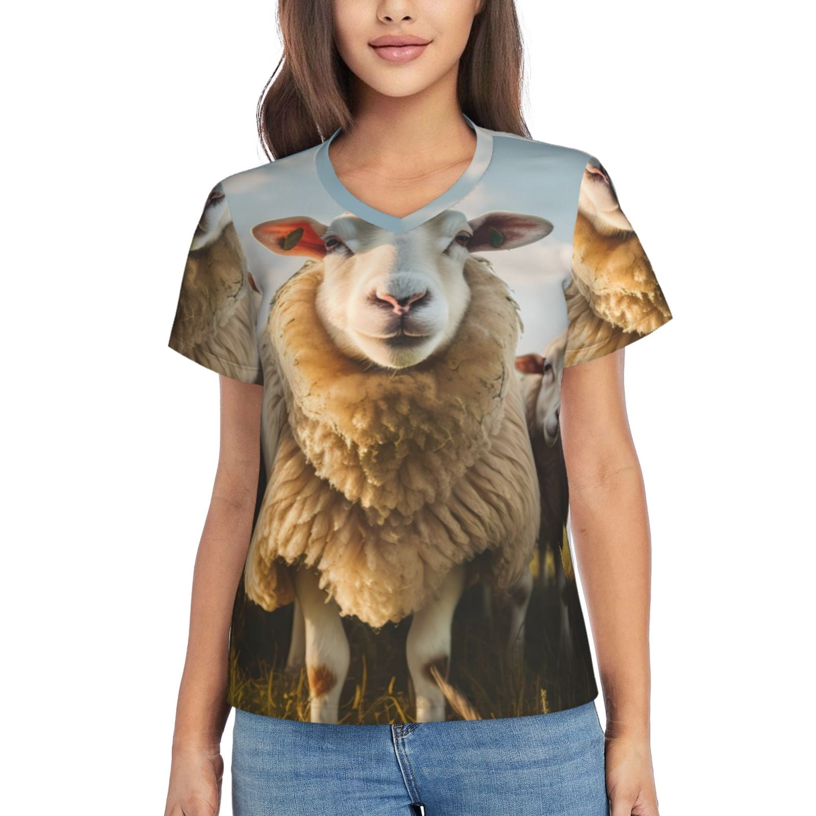 Fuzoiu Cute Prairie Sheep Herd Print Women's Classic V-Neck T-Shirt ...