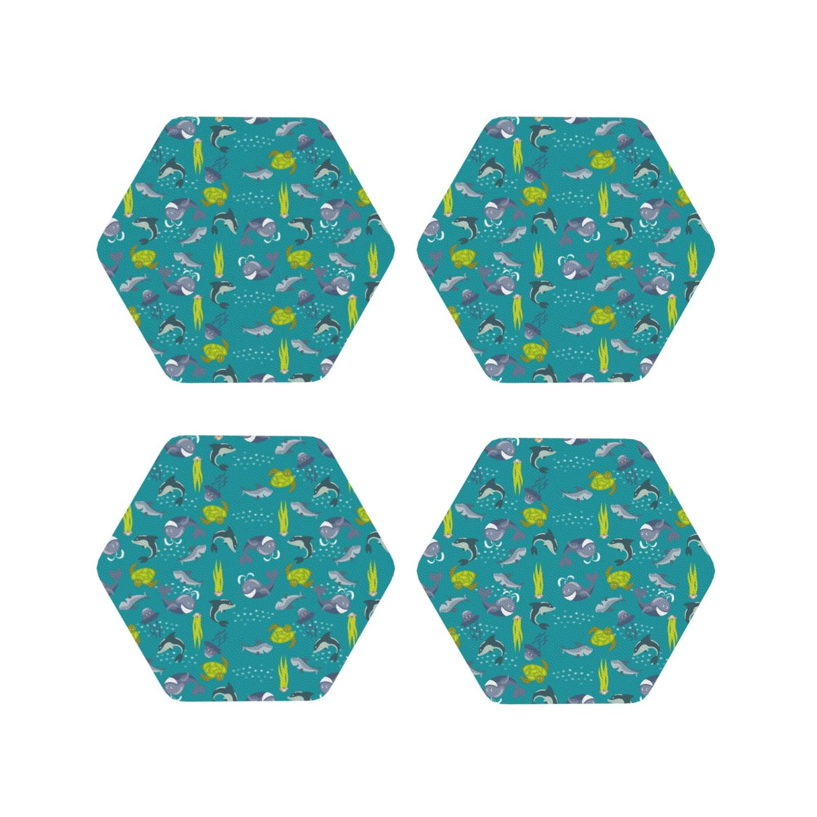Fuzoiu Cute Shark Turtle Print Leather Coasters Set,Drink Coasters Set ...