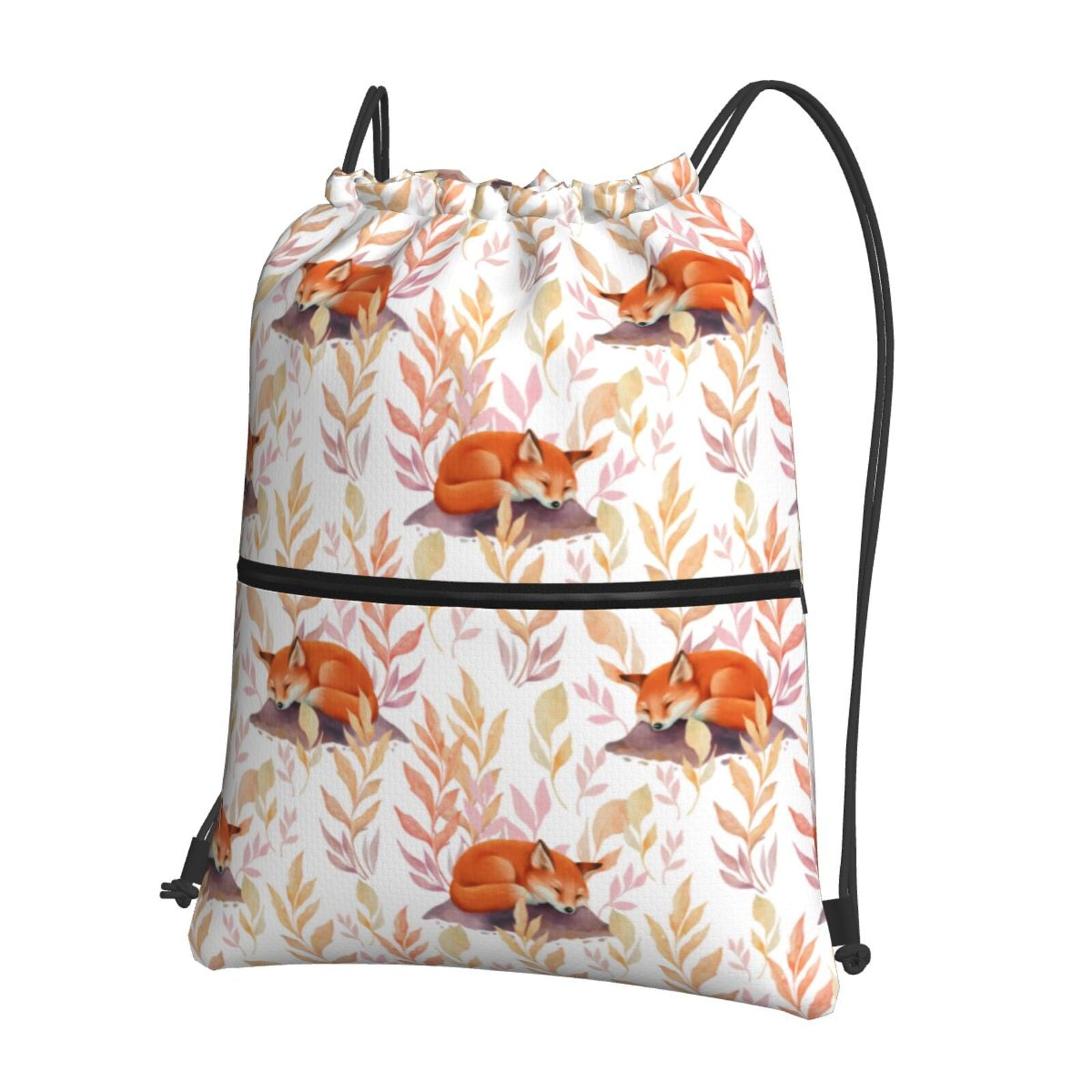 Fuzoiu Cute Sleepy Fox Print Drawstring Backpack Water Resistant String ...