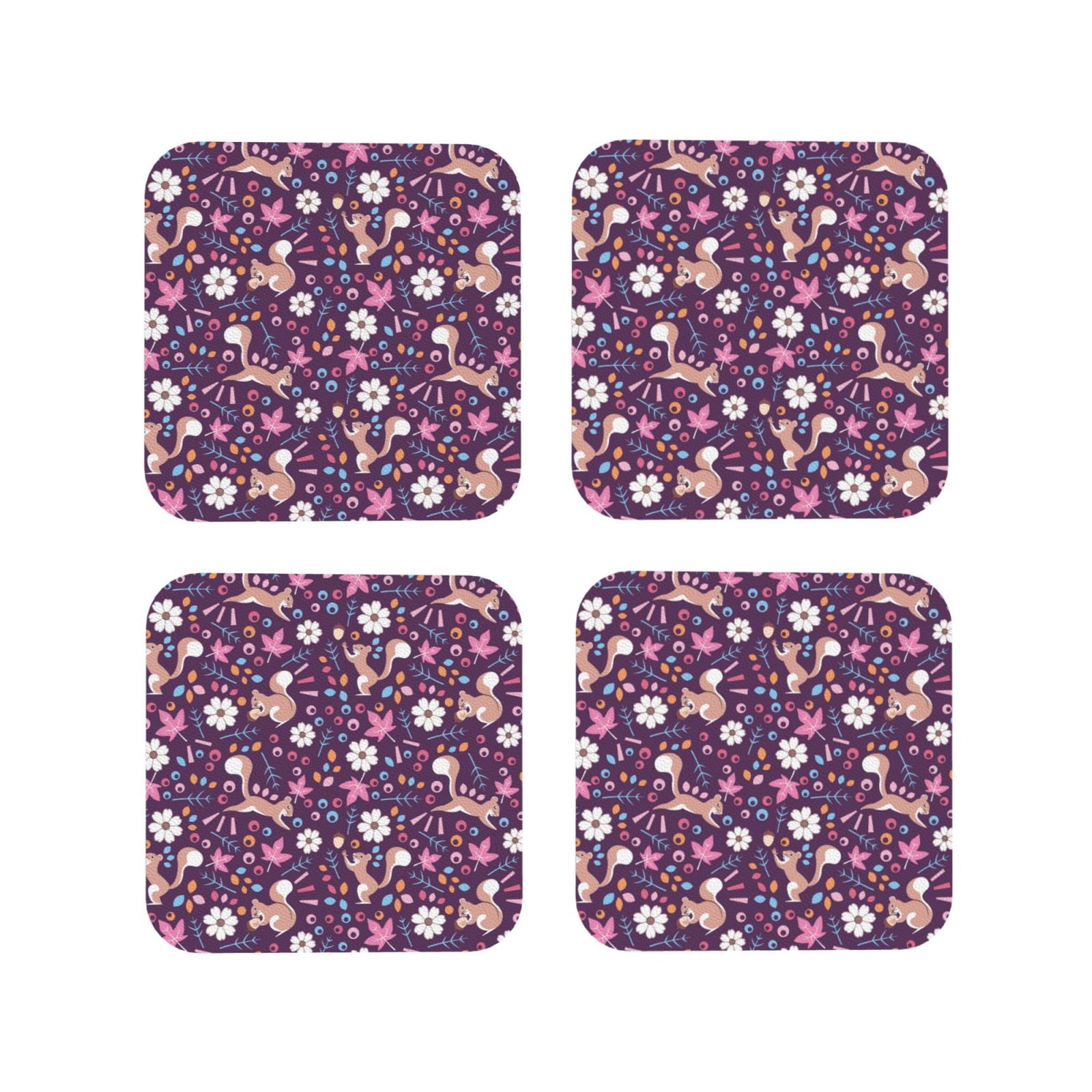 Fuzoiu Cute Squirrel Floral Print Leather Coasters Set,Drink Coasters ...