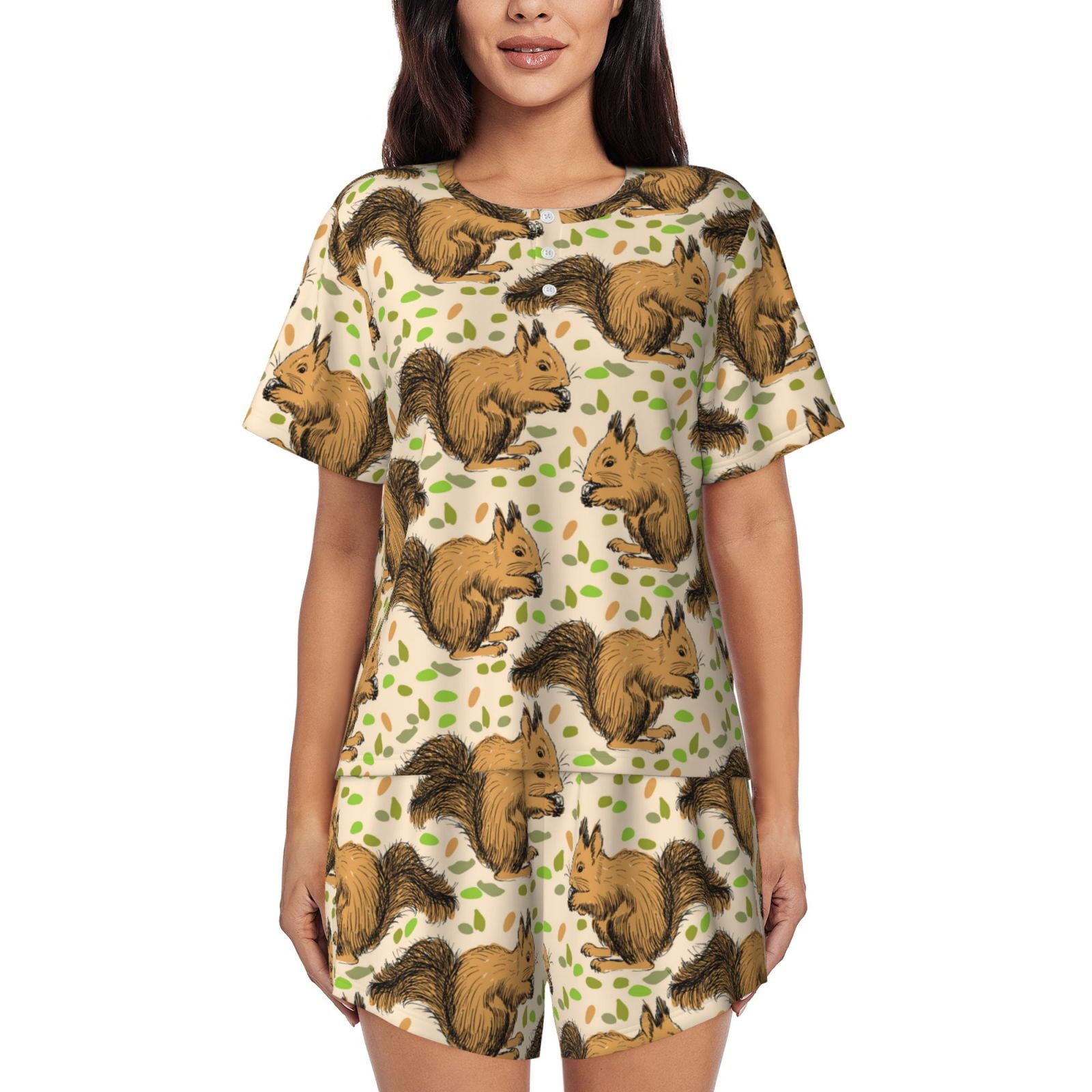 Fuzoiu Cute Squirrel with Green Leaves Print Women's Short-Sleeved ...