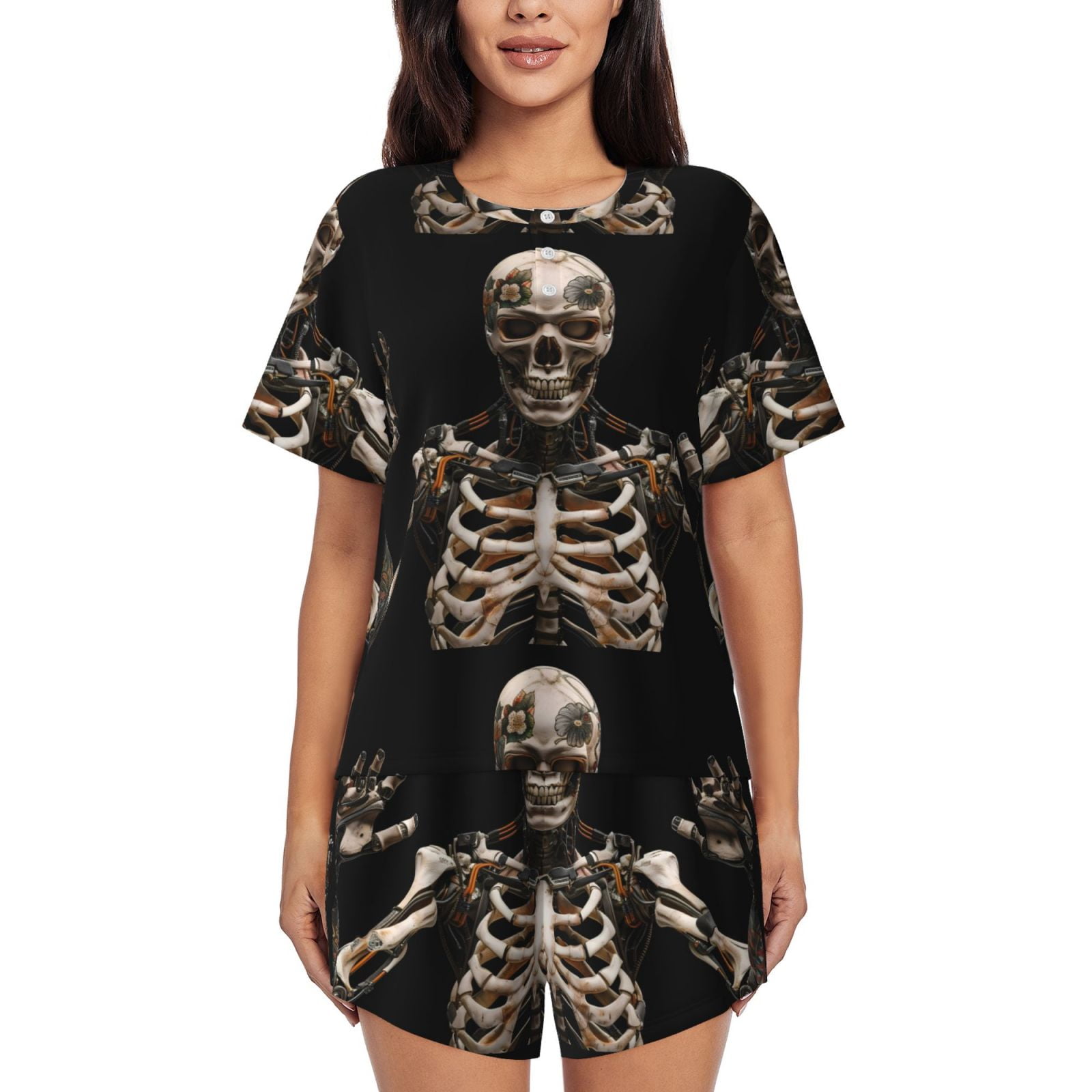 Fuzoiu Cyber Skeleton With Tattoos Print Women's Short-Sleeved Pajama Set,Lounge Sleepwear Set ...