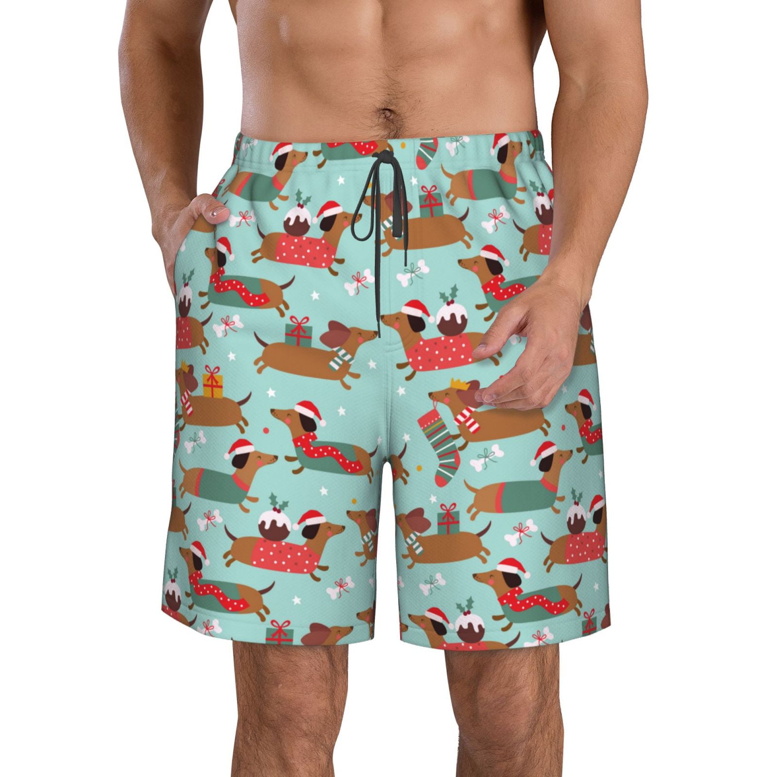 Fuzoiu Dachshund Christmas Play Print Men's Beach Shorts,Men's Swim ...