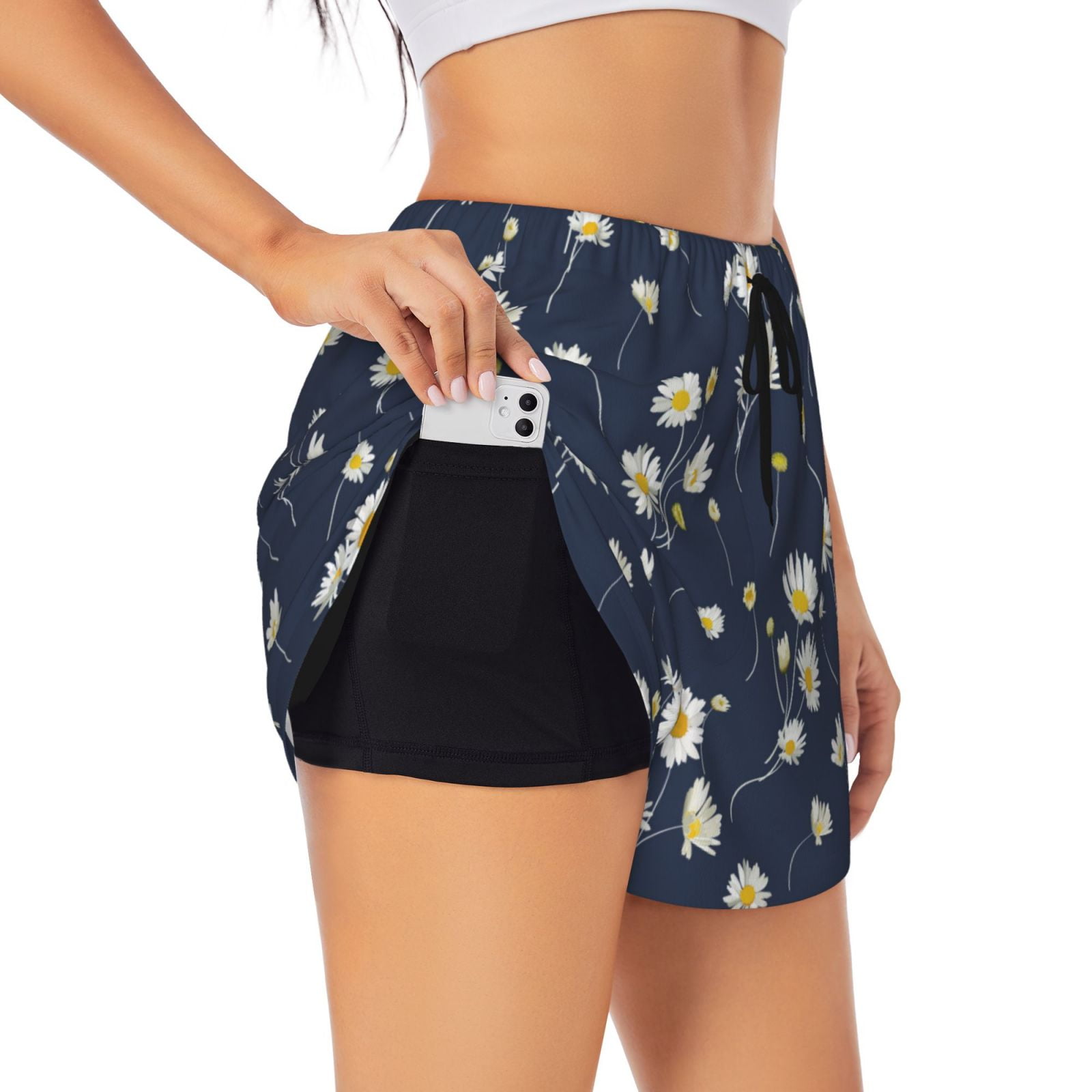 Fuzoiu Daisies Flowers Print Women's Athletic Shorts, Double-Layer ...