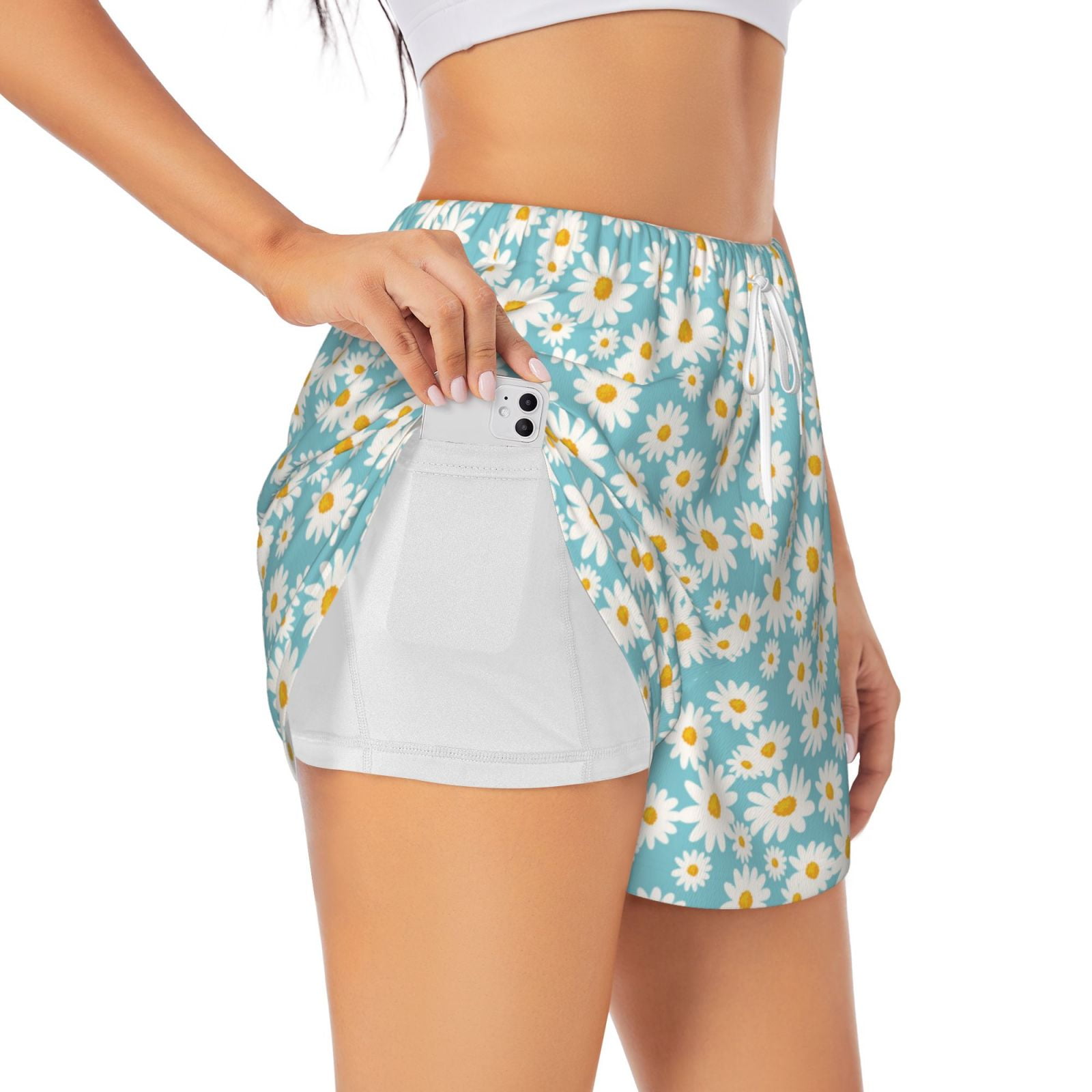 Fuzoiu Daisy Floral A Print Women's Athletic Shorts, Double-Layer ...