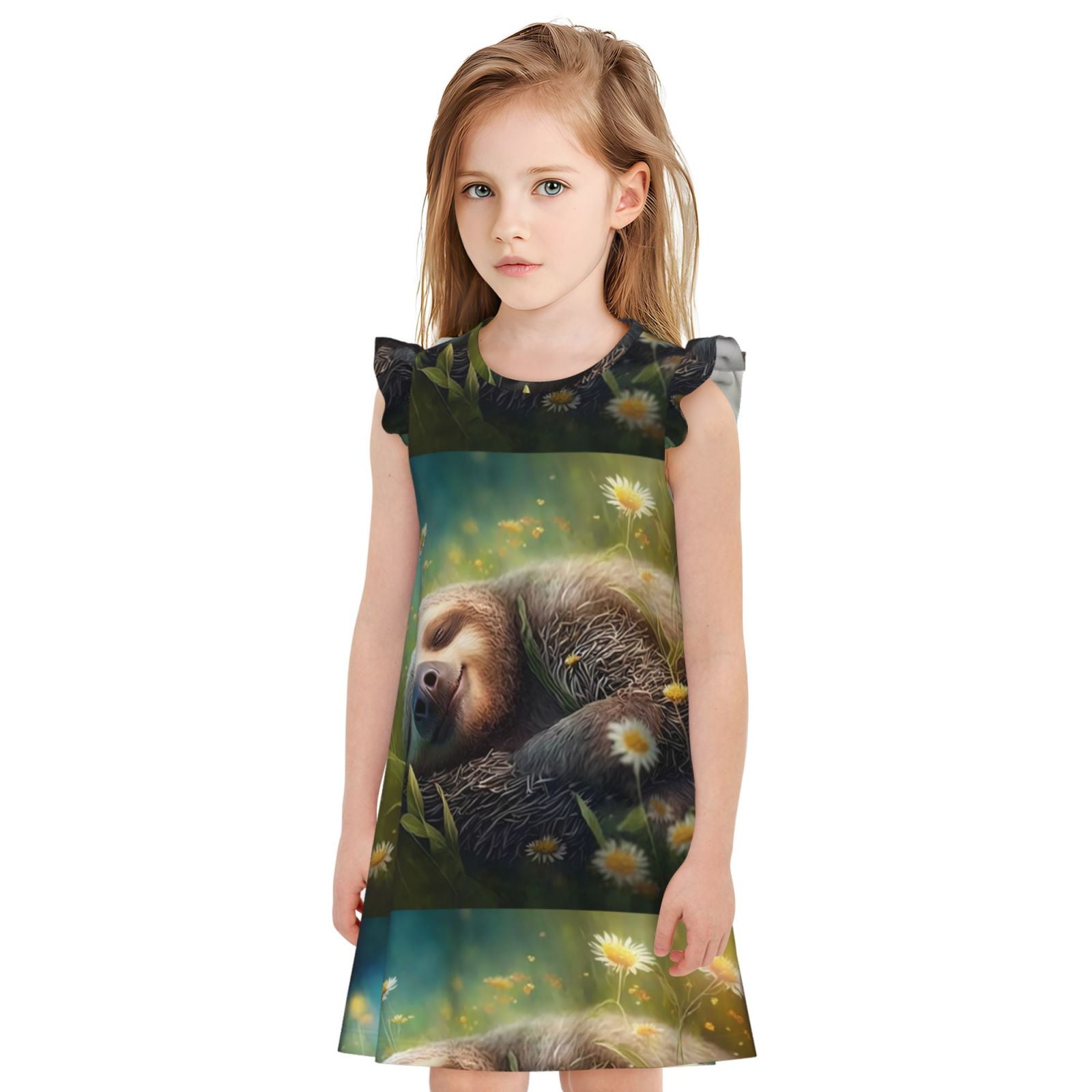Fuzoiu Daisy Sleeping Sloth Print Girls' Nightgowns Pajamas Dress,Girls ...