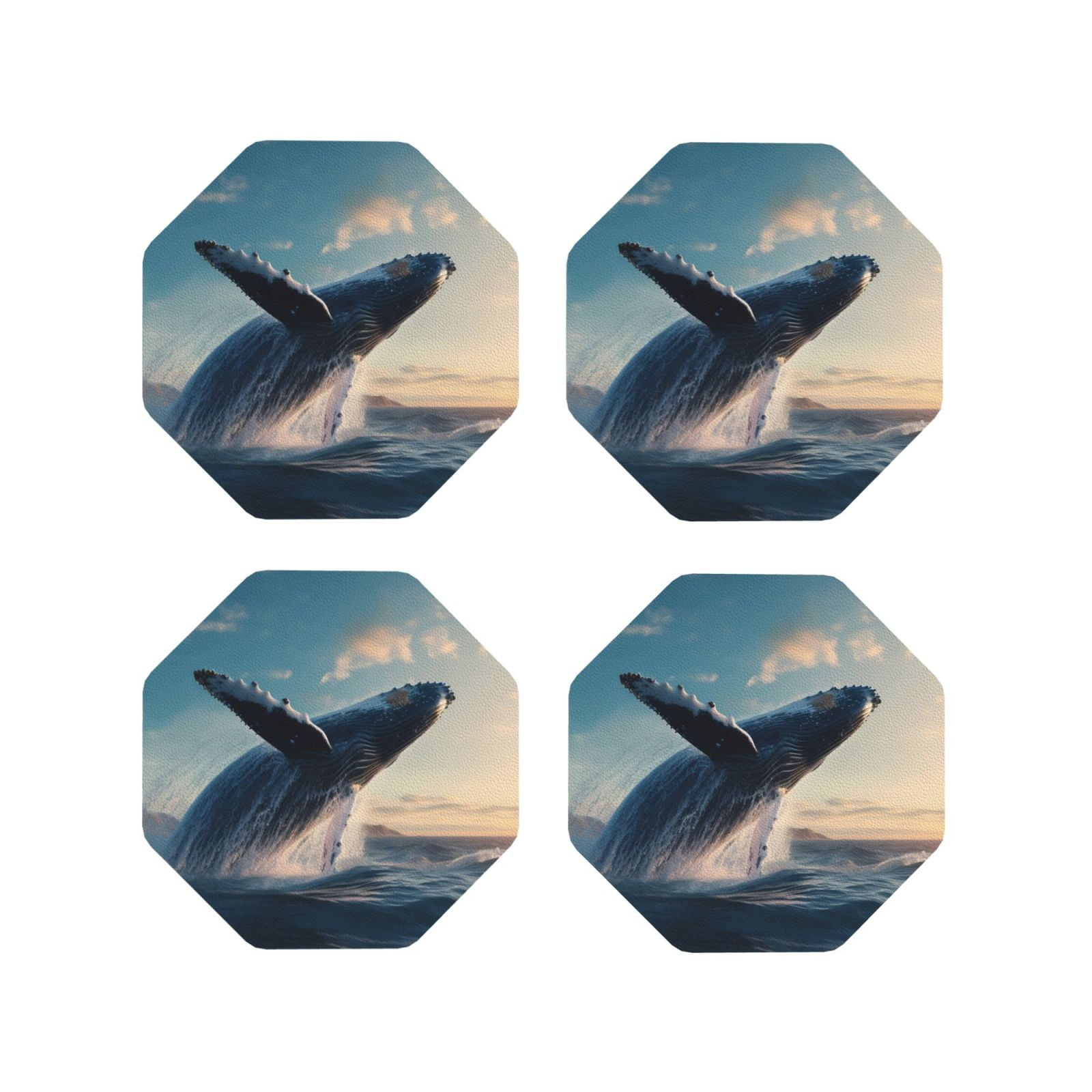 Fuzoiu Dancing Whale Print Leather Coasters Set,Drink Coasters Set of 4 ...