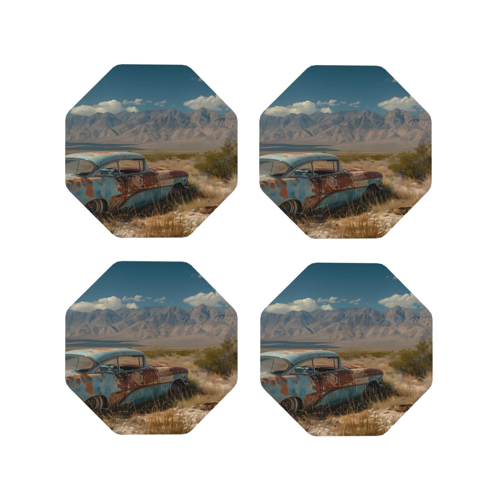 Fuzoiu Deserted Classic Car Landscape Print Leather Coasters Set,Drink ...