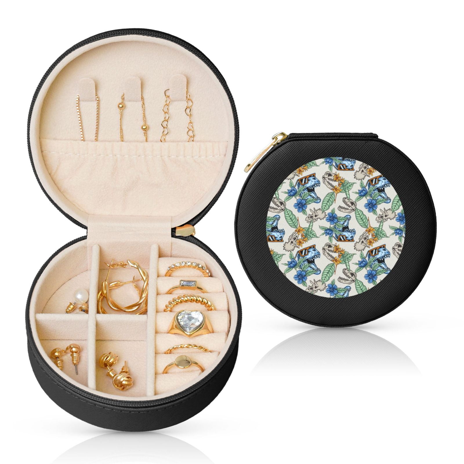 Fuzoiu Dinosaurs And Leaves Print Portable Jewelry Box,Round Mini ...