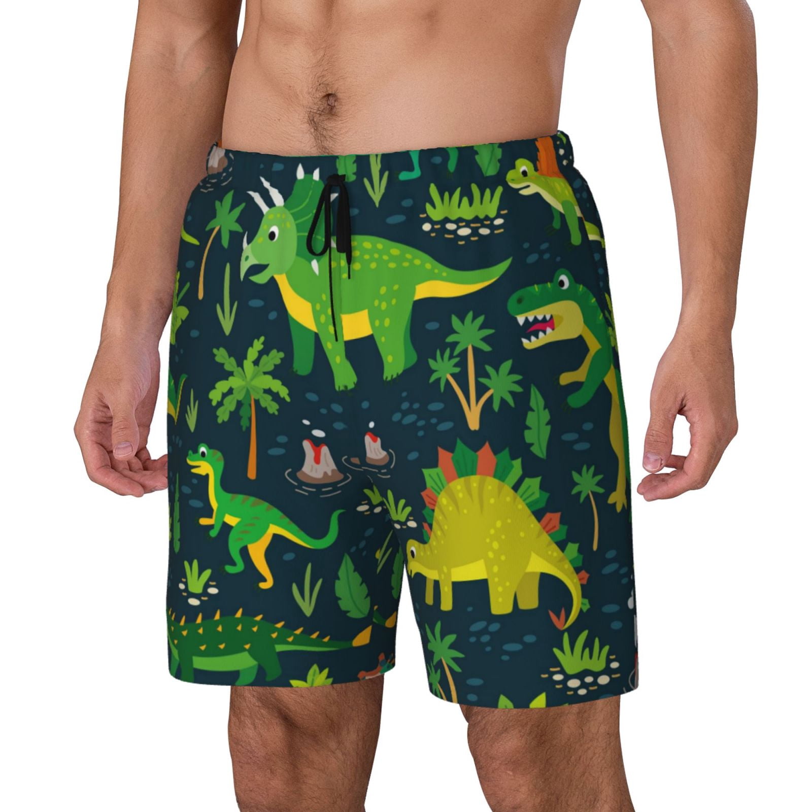 Fuzoiu Dinosaurs and Flowers Print Men's Swim Shorts,Quick-Dry Double ...