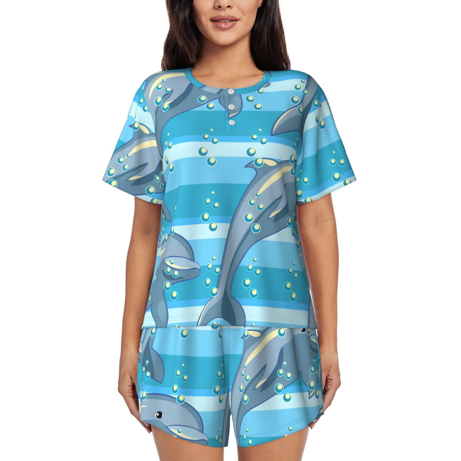 Fuzoiu Dolphin Print Women's Short-Sleeved Pajama Set,Lounge Sleepwear ...
