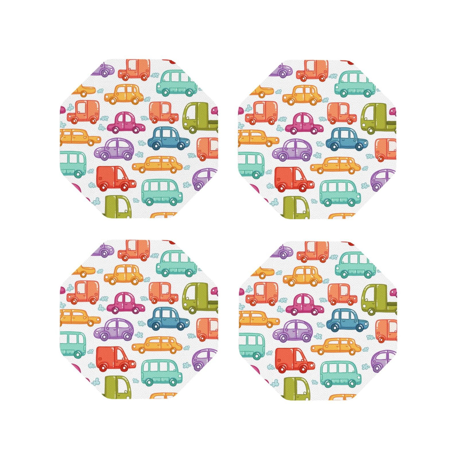 Fuzoiu Doodle Cars Print Leather Coasters Set,Drink Coasters Set of 4 ...