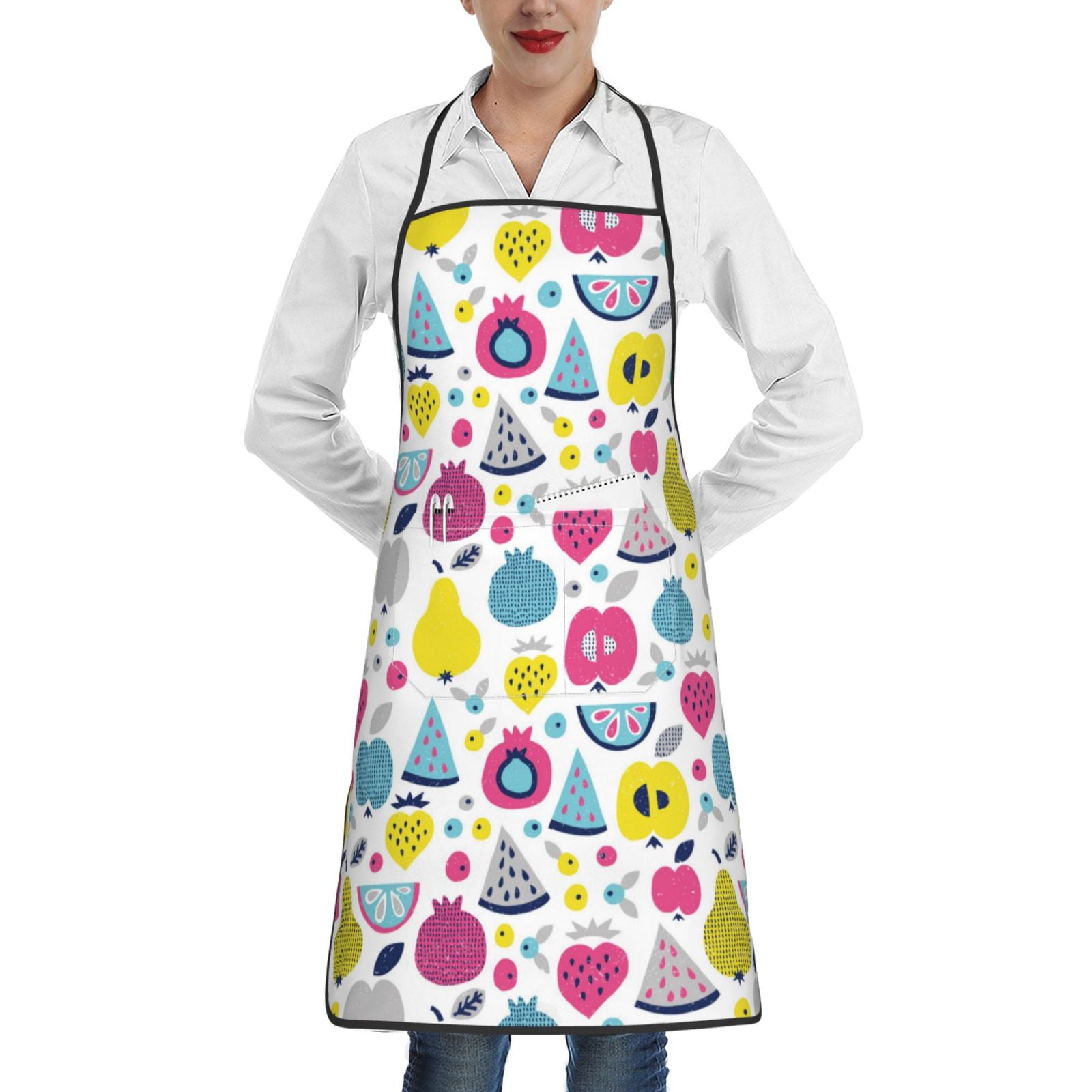 Fuzoiu Doodle Fruits Print Kitchen Cooking Aprons,Kitchen Cooking BBQ Aprons,Chef Apron with 2 ...