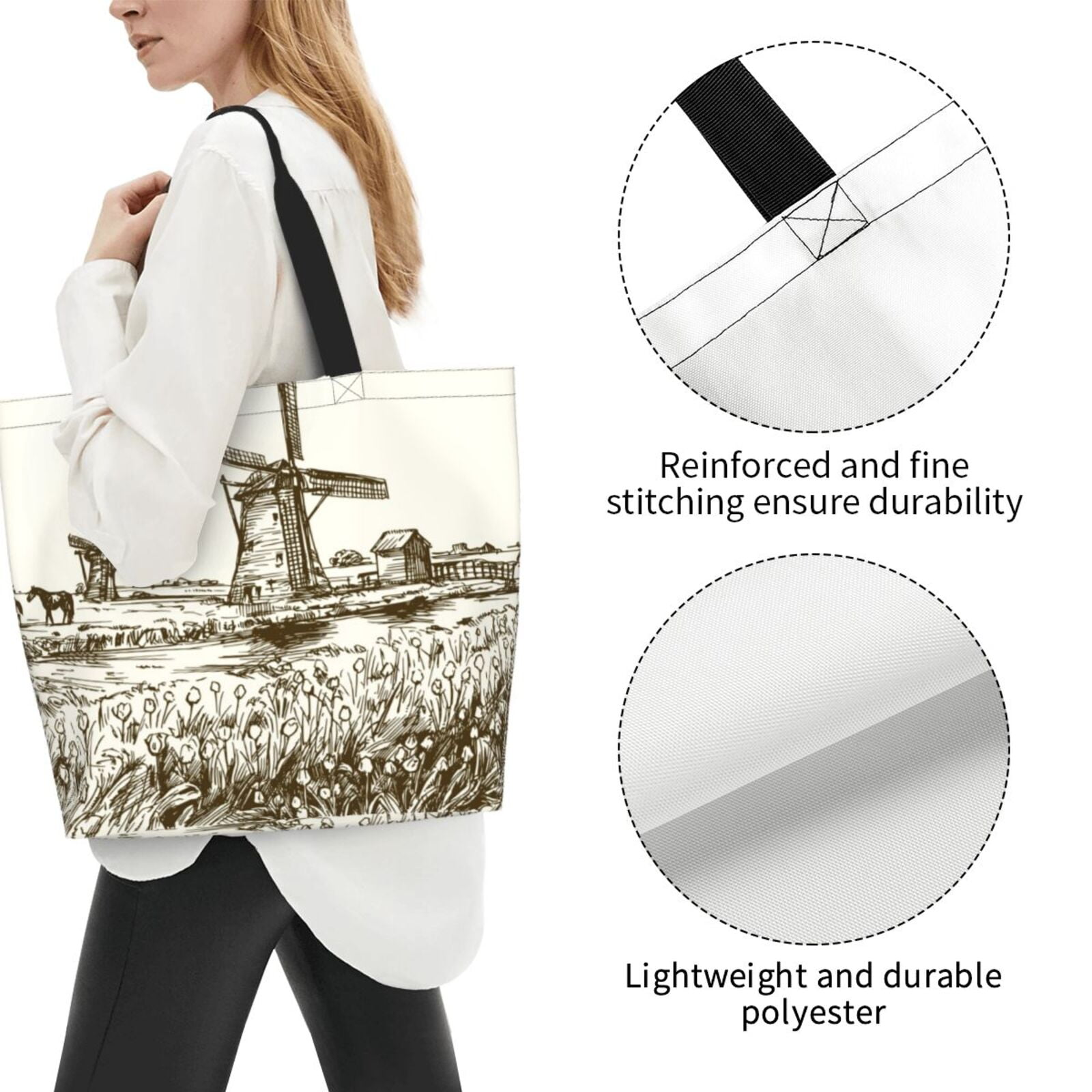 Fuzoiu Dutch Windmill Print Tote Bags for Women,Shoulder Bag, Gym Tote ...