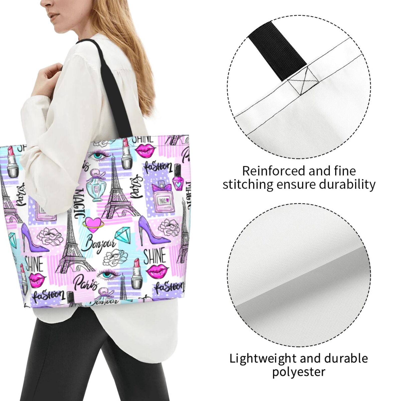 Fuzoiu Eiffel Tower and Hearts Print Tote Bags for Women,Shoulder Bag ...