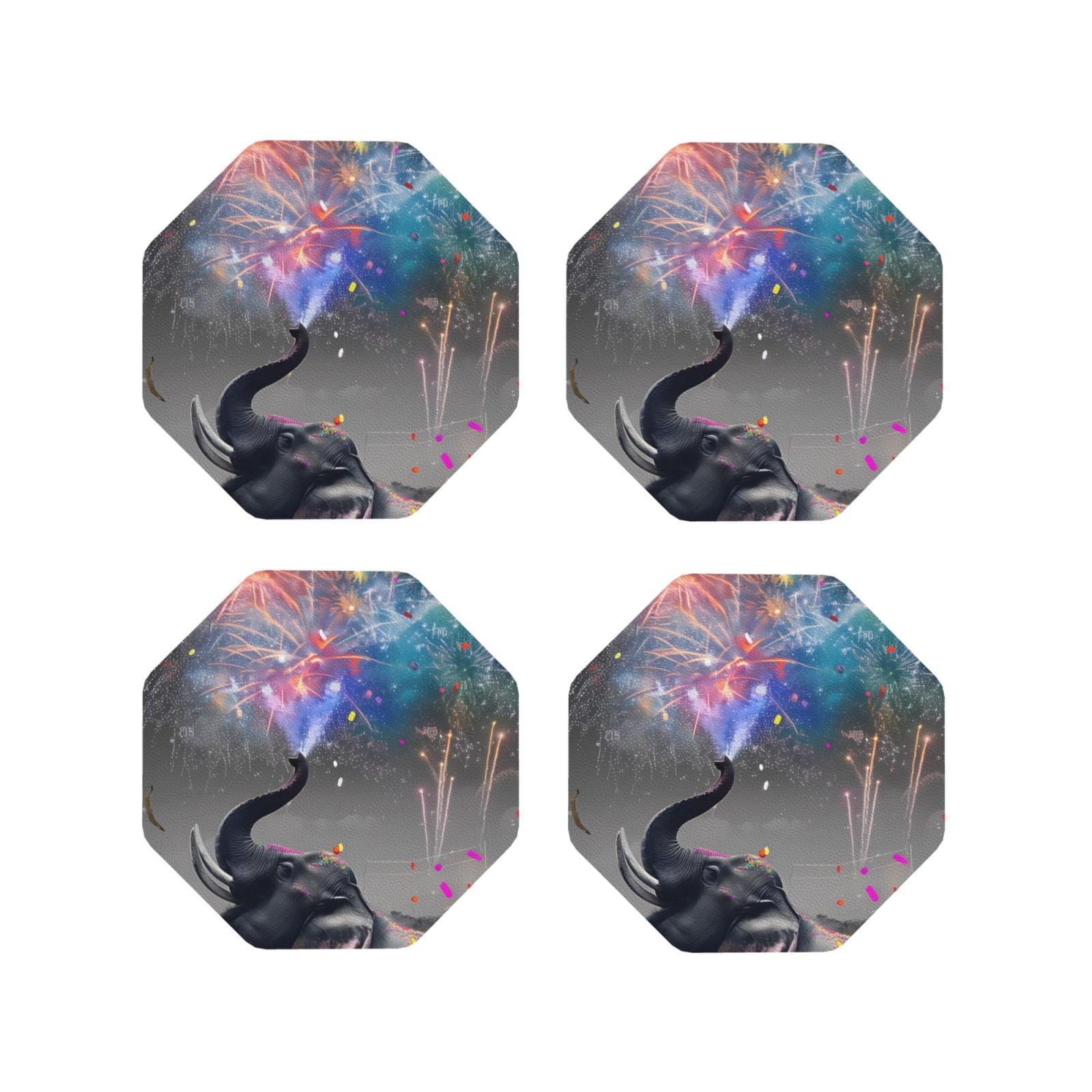 Fuzoiu Elephant Fireworks Celebration Print Leather Coasters Set,Drink ...