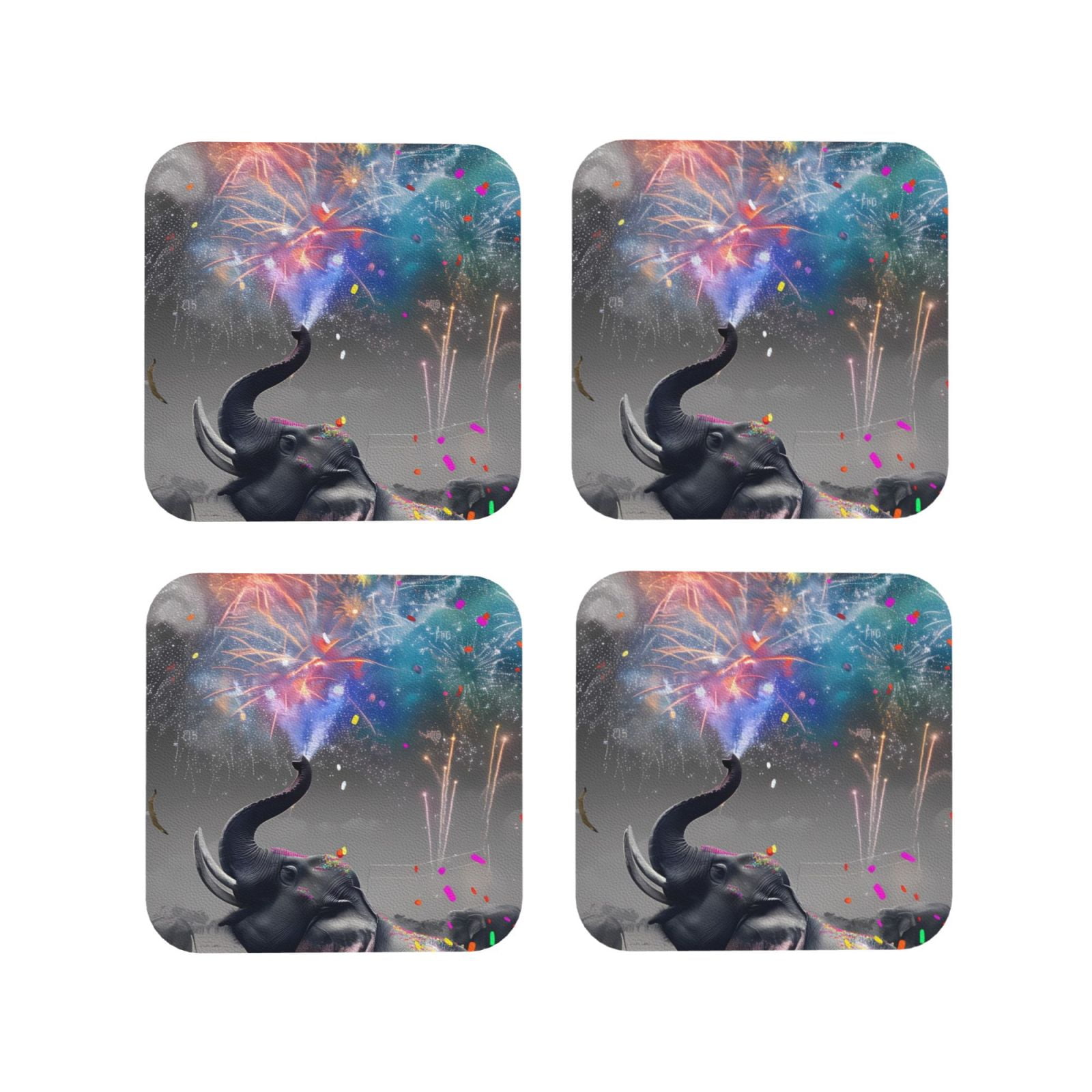 Fuzoiu Elephant Fireworks Celebration Print Leather Coasters Set,Drink ...