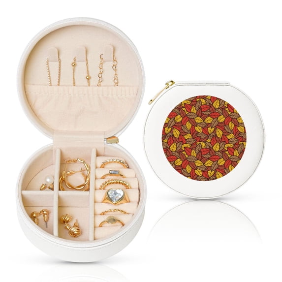 Fuzoiu Fall Leaves Print Portable Jewelry Box,Round Mini Leather Travel ...