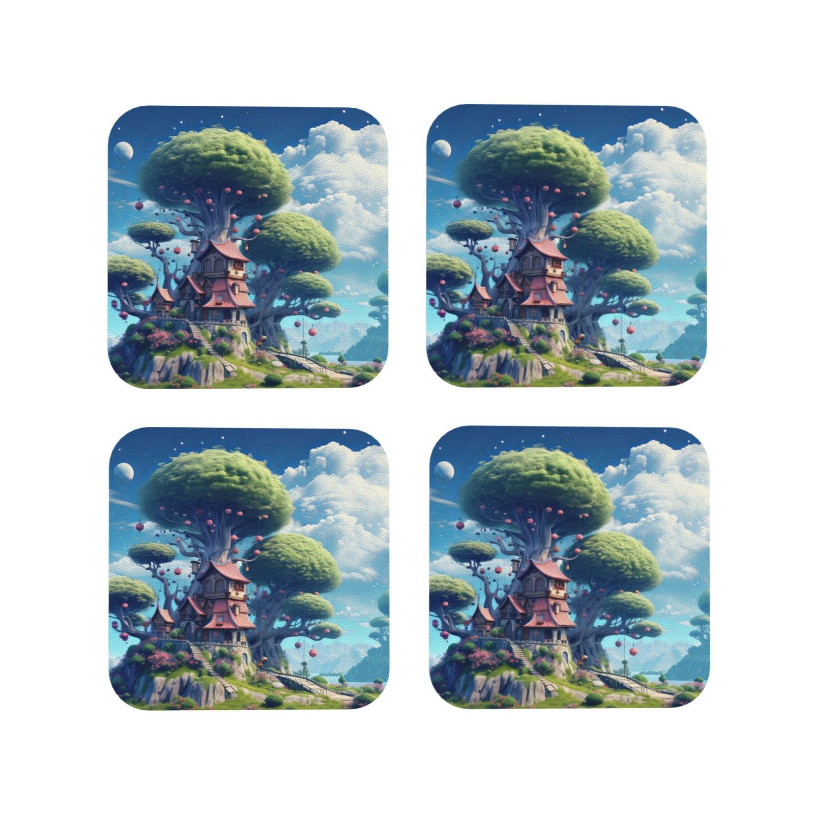 Fuzoiu Fantasy Treehouse Planet Scene Print Leather Coasters Set,Drink ...