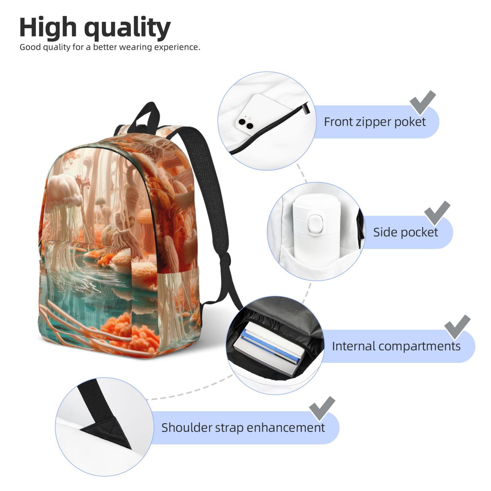 Fuzoiu Fantasy Underwater Jellyfish Print Canvas Backpack,Lightweight ...