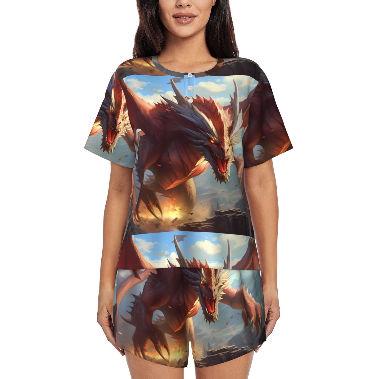 Fuzoiu Ferocious Dragon Fury Print Women's Short-Sleeved Pajama Set ...