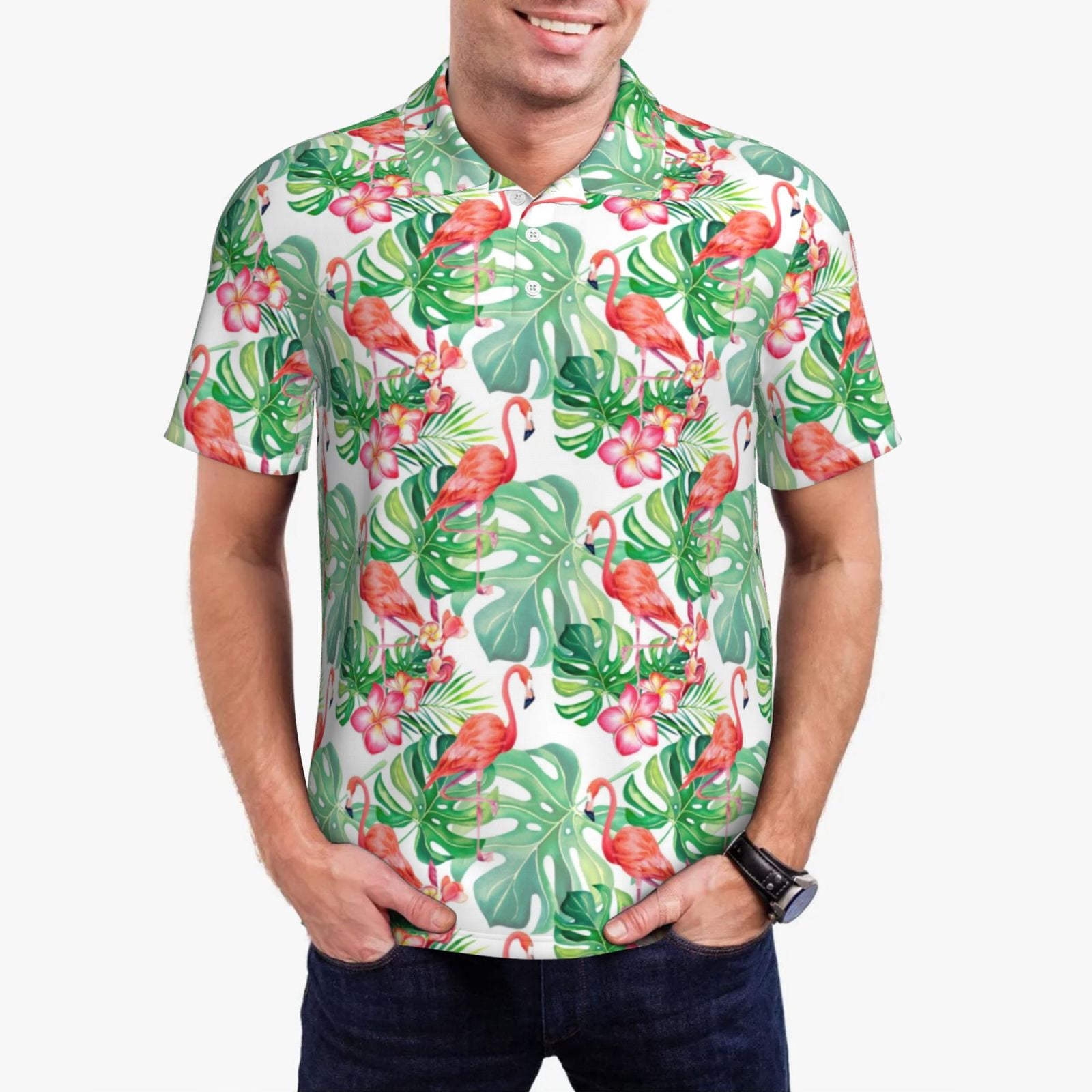 Fuzoiu Flamingo And Monstera Print Men's Polo Shirts Short Sleeve,Golf ...