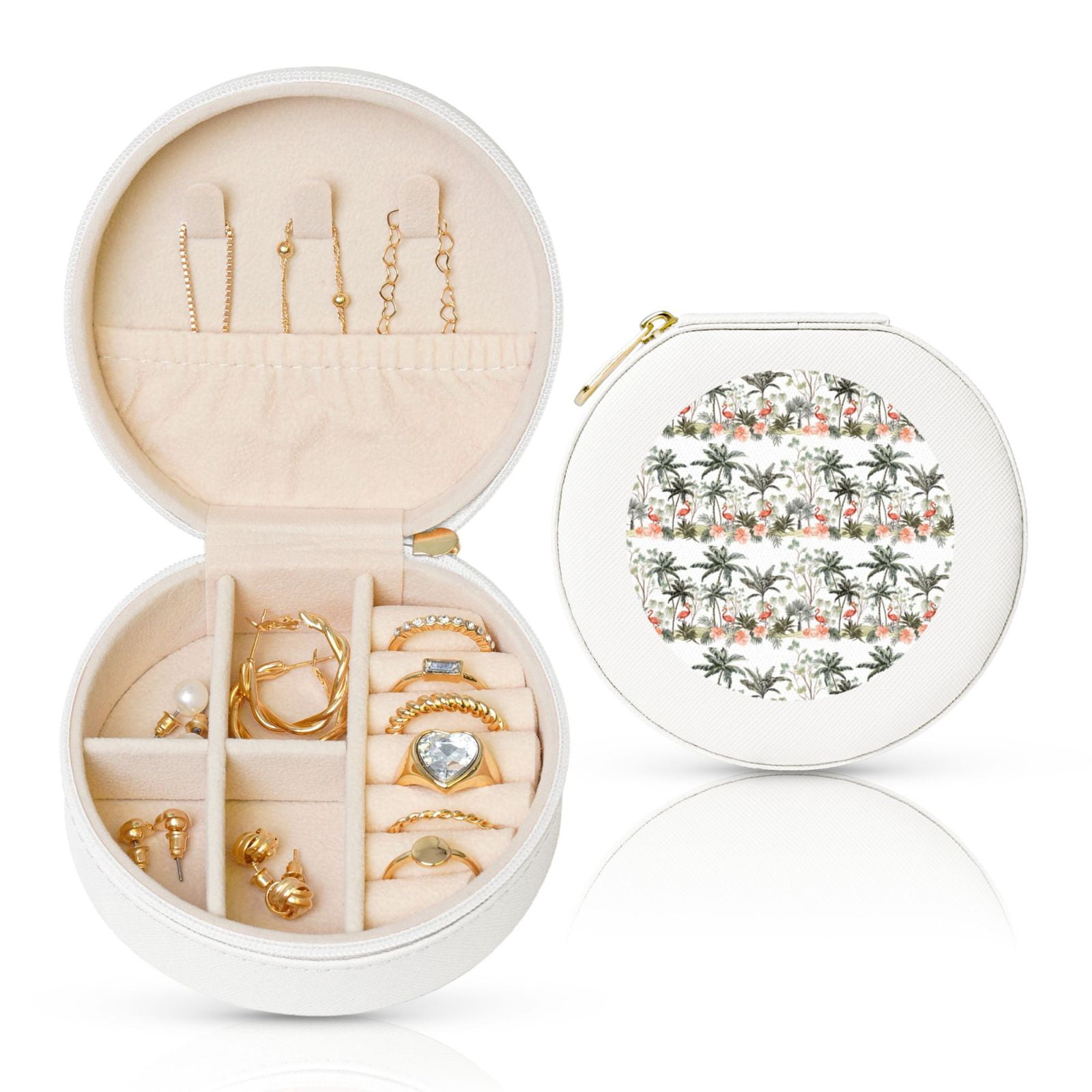 Fuzoiu Flamingo Palm Trees Print Portable Jewelry Box,Round Mini ...
