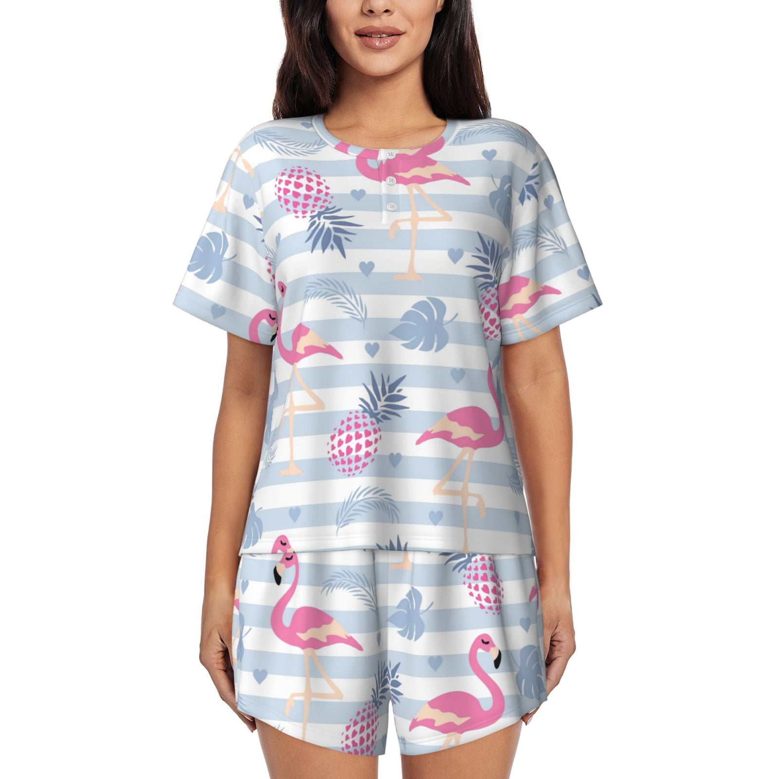 Fuzoiu Flamingo and Pineapple Print Women's Short-Sleeved Pajama Set,Lounge Sleepwear Set,Womens ...