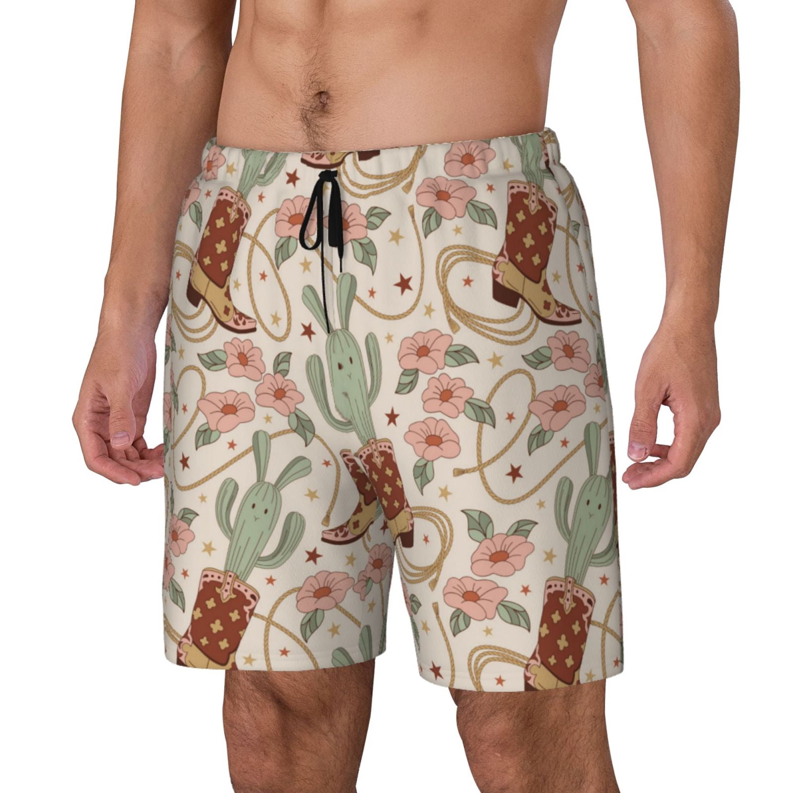 Fuzoiu Floral Cowboy Boots Print Men's Swim Shorts,Quick-Dry Double ...