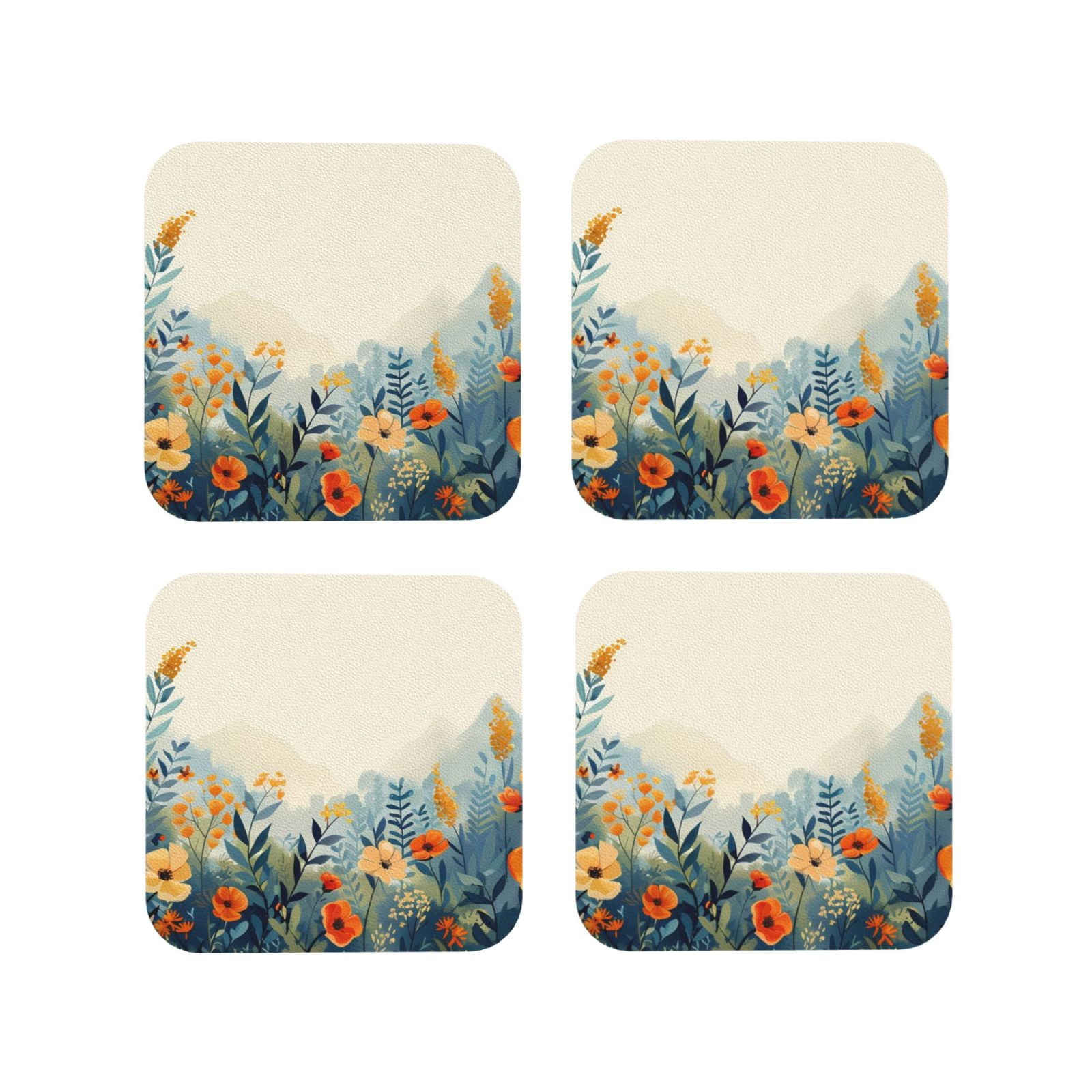 Fuzoiu Floral Mountain Landscape Print Leather Coasters Set,Drink ...
