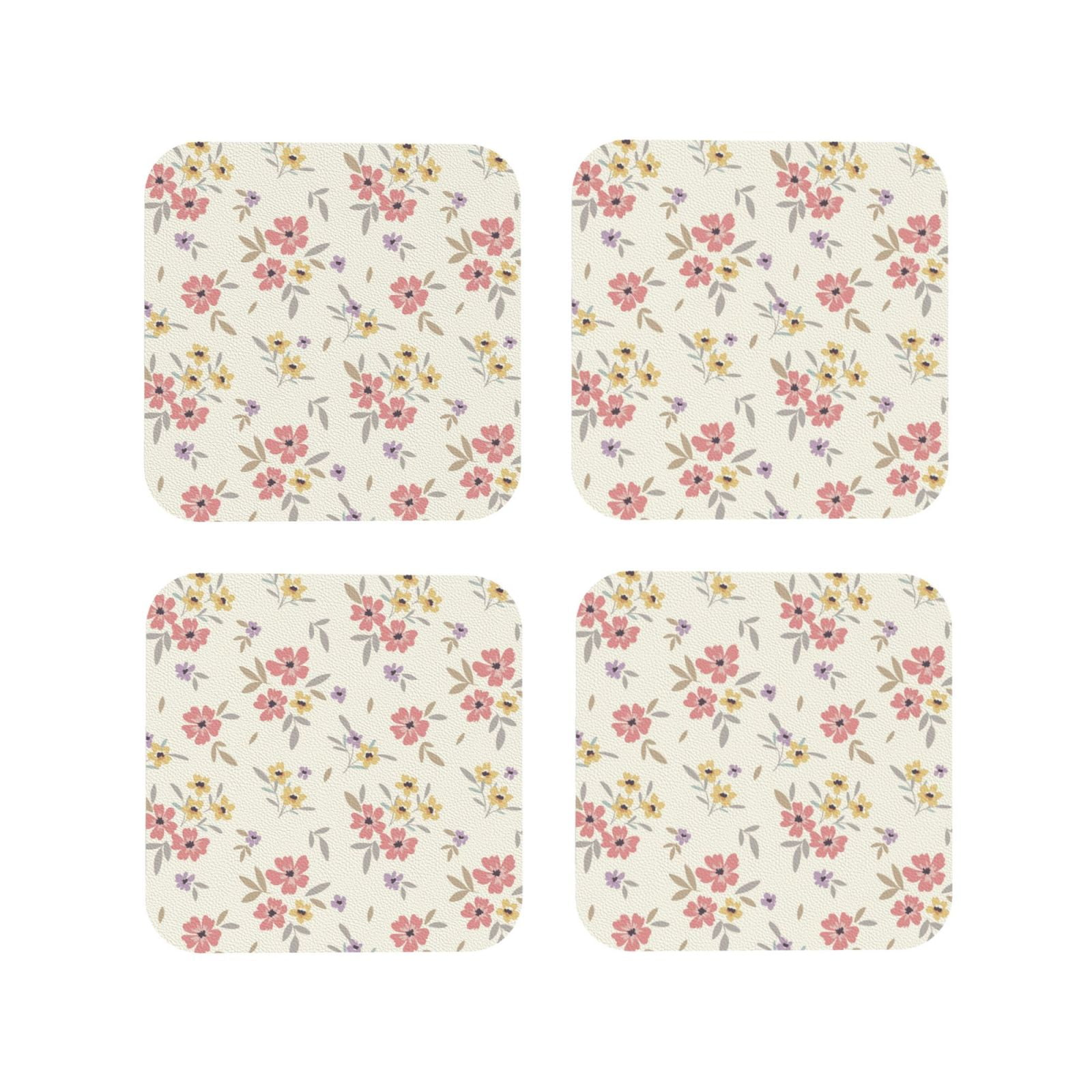 Fuzoiu Floral Print Leather Coasters Set,Drink Coasters Set of 4,for ...