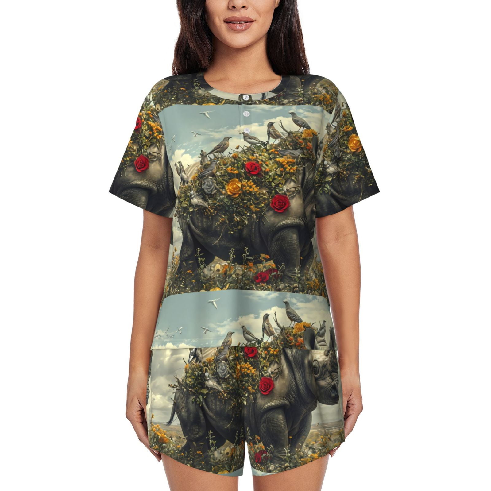 Fuzoiu Floral Rhino With Birds Print Women's Short-Sleeved Pajama Set ...