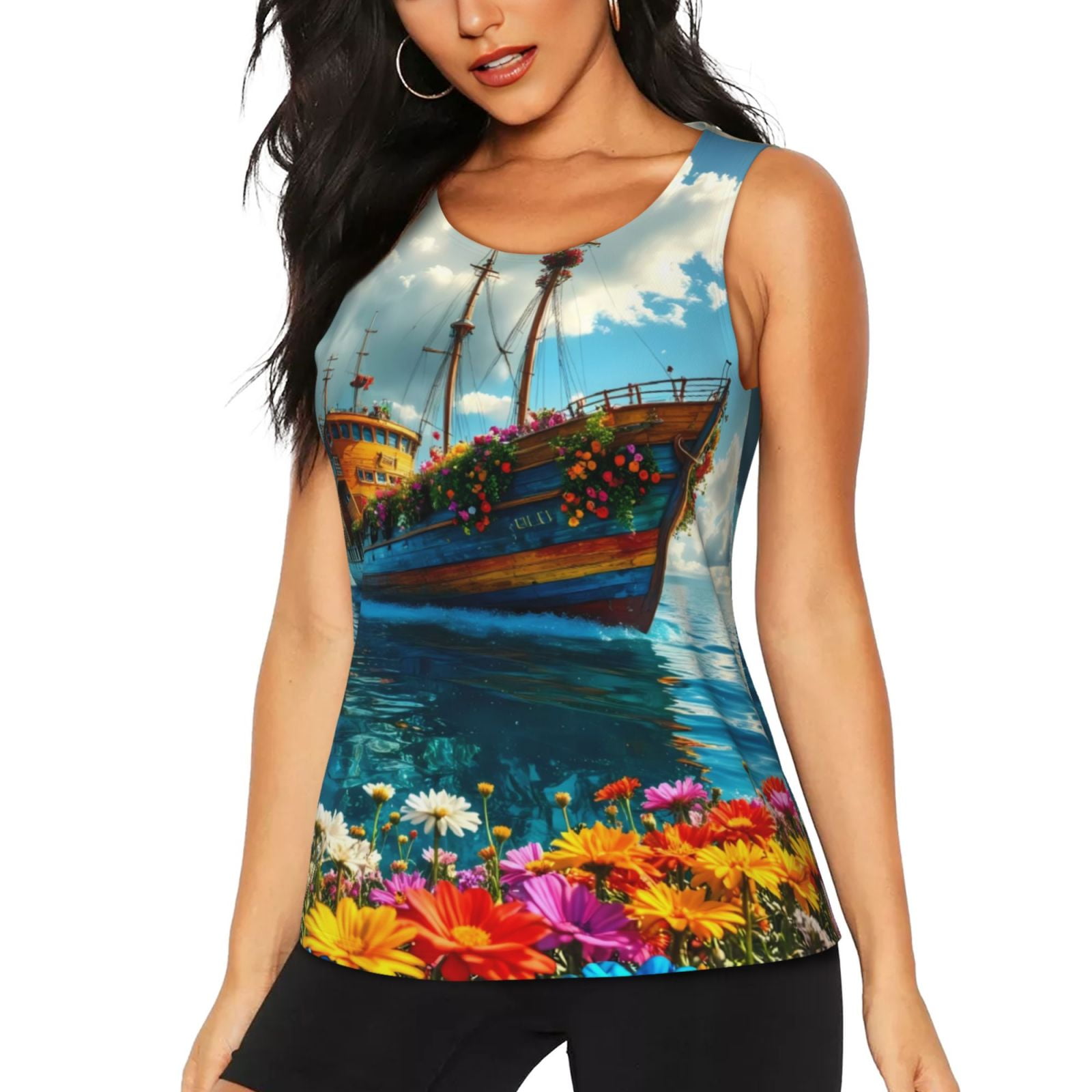 Fuzoiu Floral Ship On Ocean Print Women's Workout Tank Top,Athletic ...