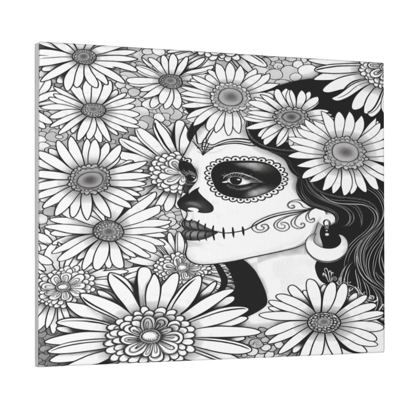Fuzoiu Floral Sugar Skull Portrait Print Canvas Wall Art for Bathrooms ...