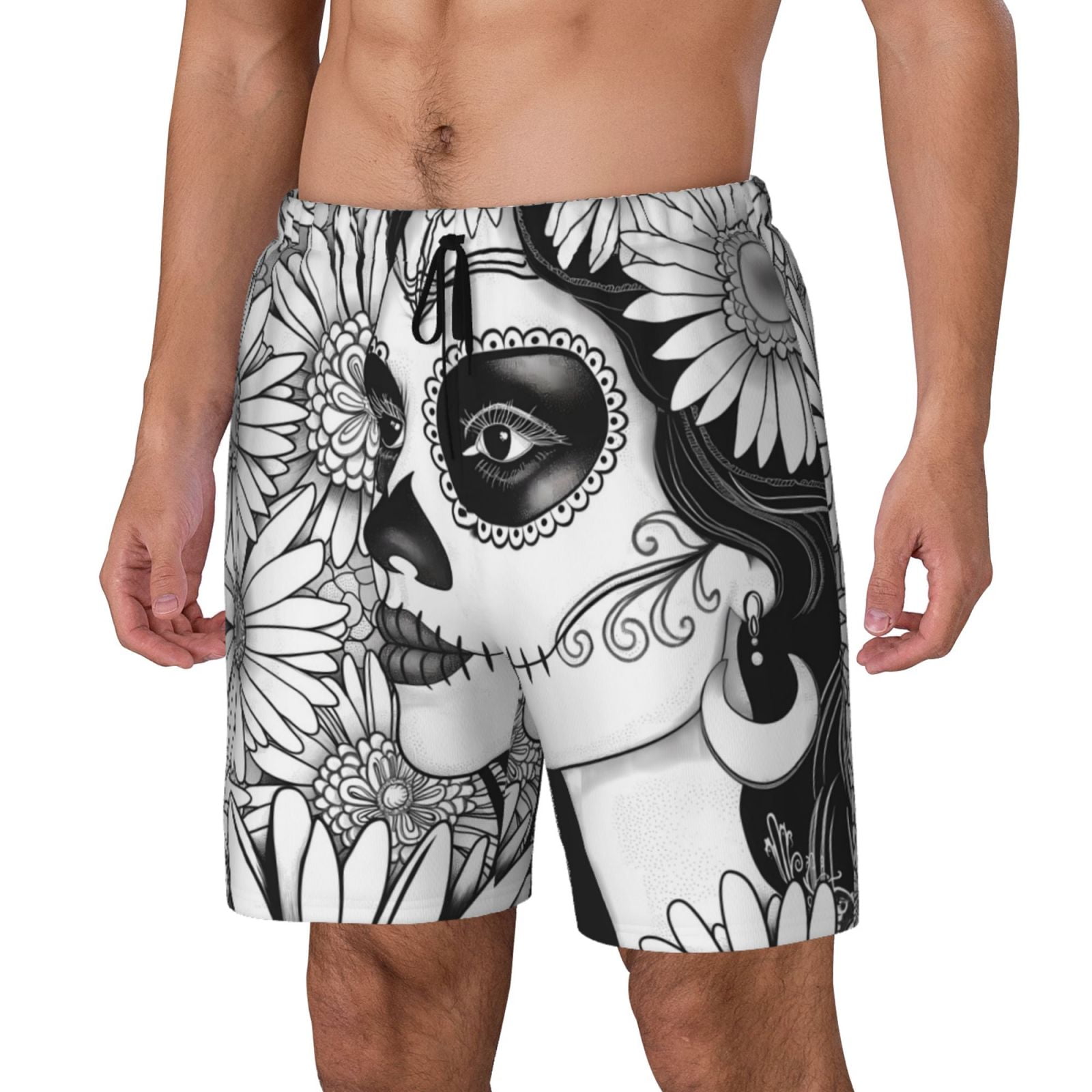 Fuzoiu Floral Sugar Skull Portrait Print Men's Swim Shorts,Quick-Dry ...