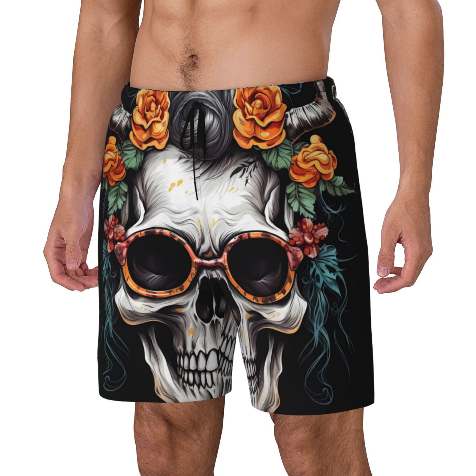 Fuzoiu Flower Horn Skull A Print Men's Swim Shorts,Quick-Dry Double ...