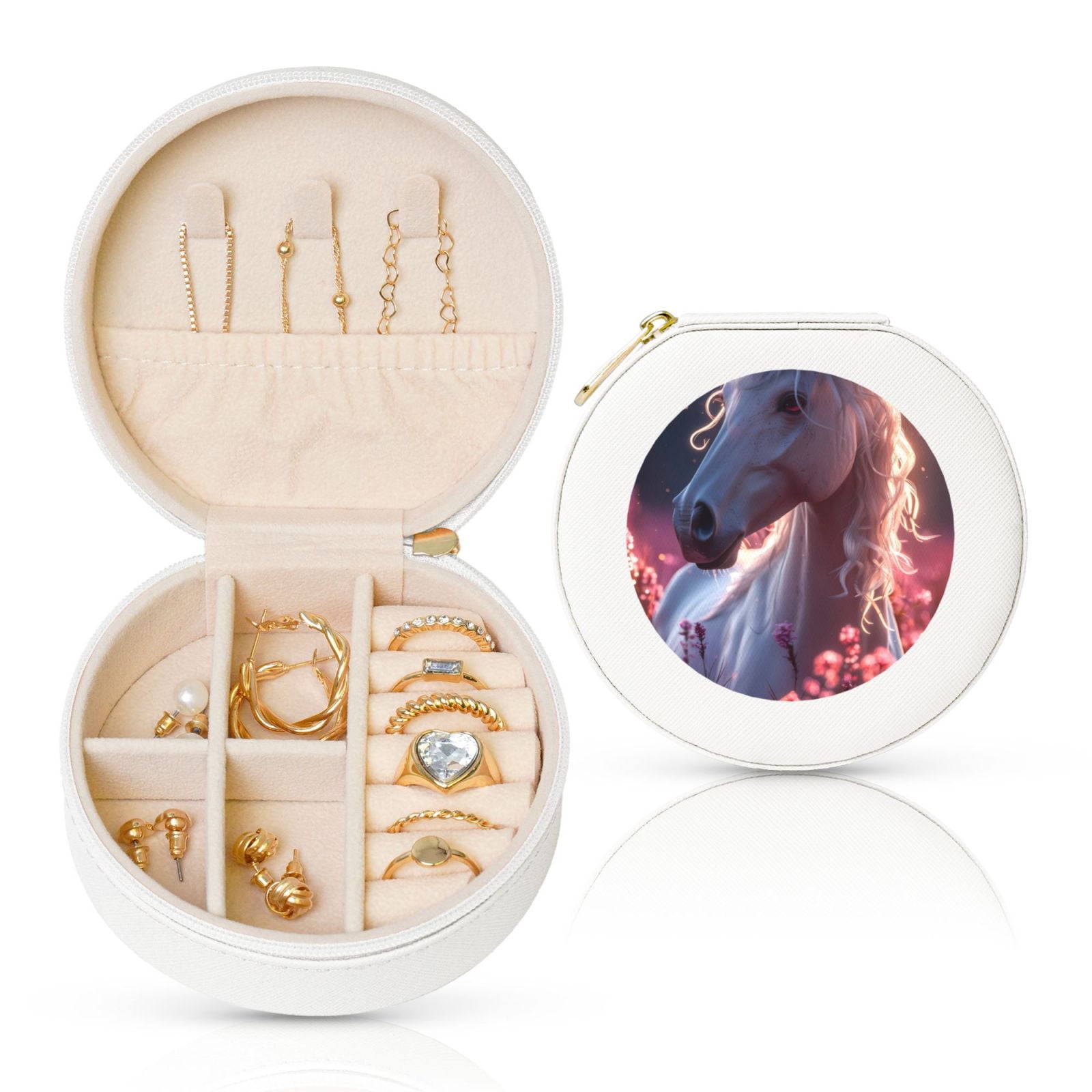 Fuzoiu Flower White Horse Print Portable Jewelry Box,Round Mini Leather ...