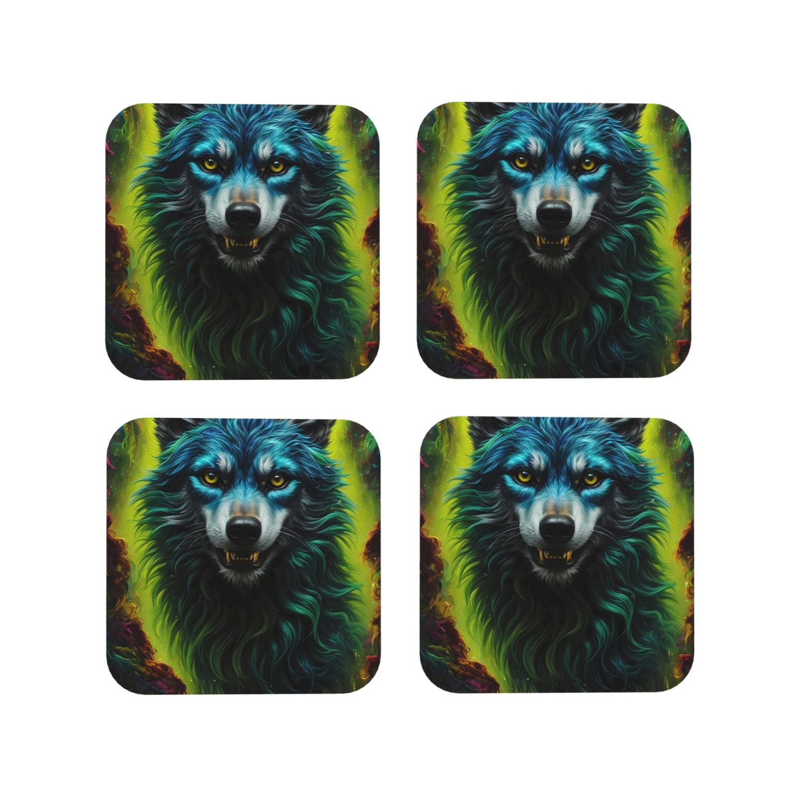Fuzoiu Fluorescent Wolf Print Leather Coasters Set,Drink Coasters Set ...