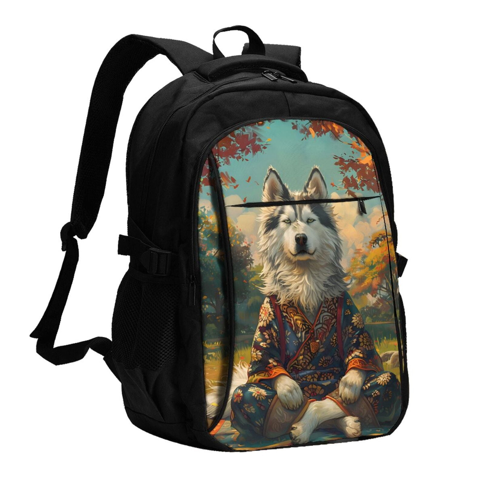Fuzoiu Forest Maple Leaf Husky Print USB Backpack with Charging Port ...