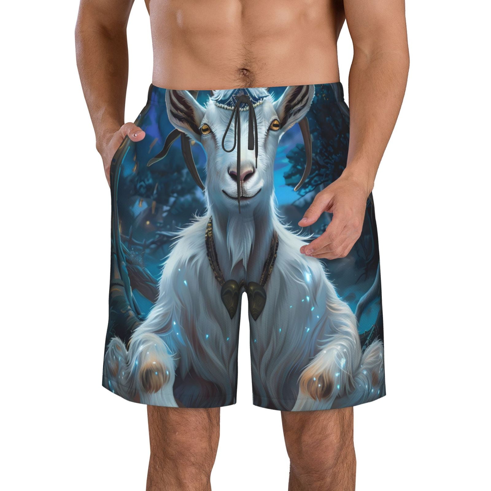 Fuzoiu Forest Meditating Goat Print Men's Beach Shorts,Men's Swim ...