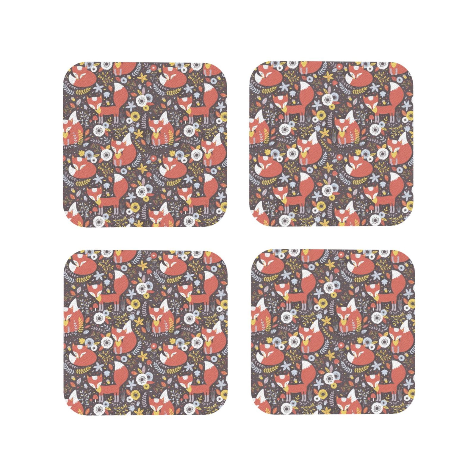 Fuzoiu Foxes Print Leather Coasters Set,Drink Coasters Set of 4,for ...