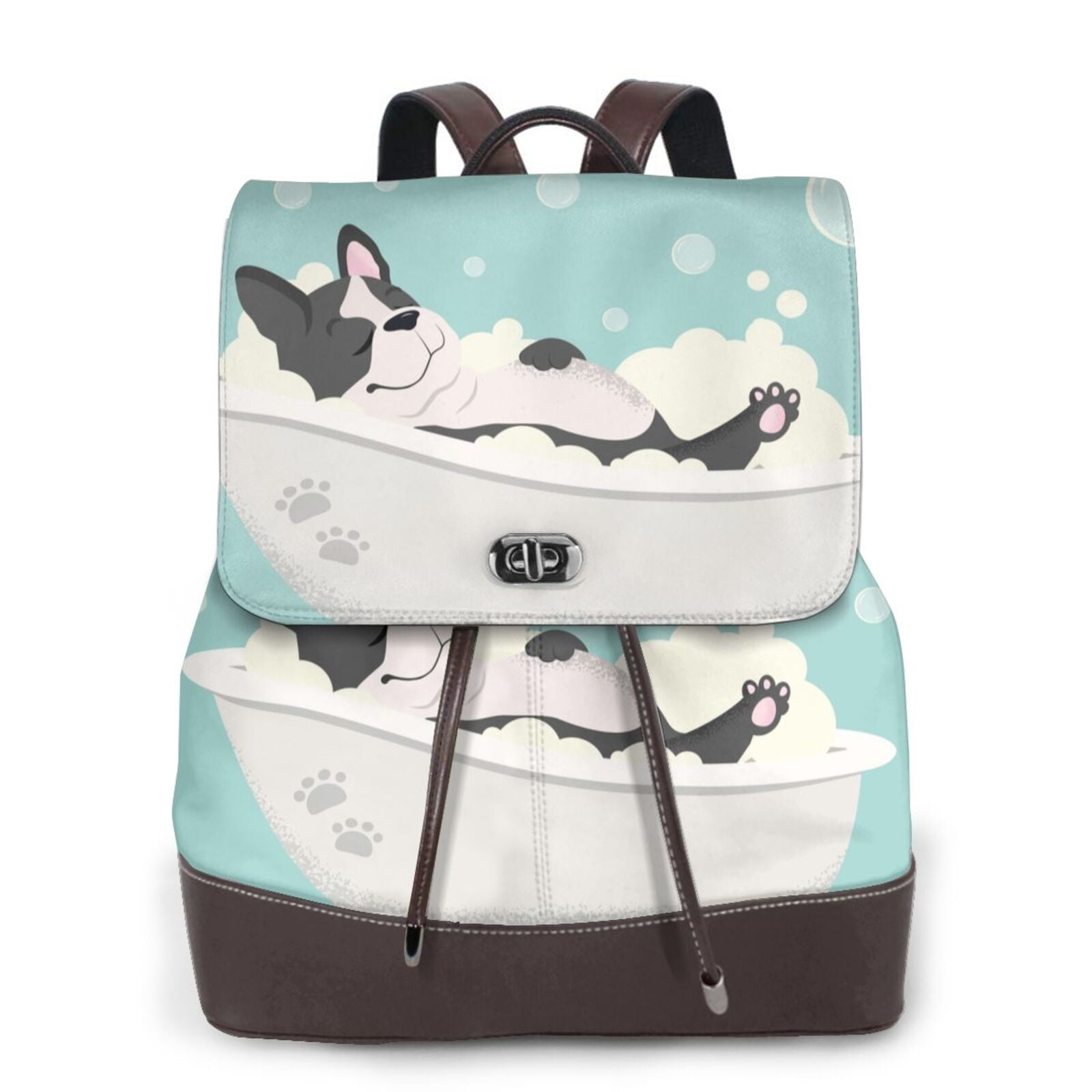 Fuzoiu French Bulldog Taking a Bath Print Women's Leather Backpack ...
